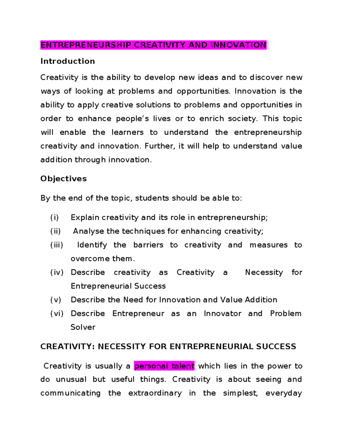 Entrepreneurship Creativity AND Innovation - ENTREPRENEURSHIP ...