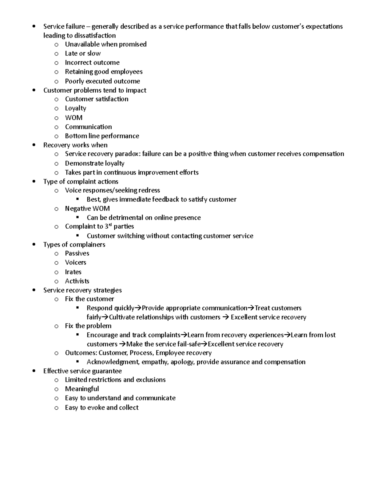 Service Recovery notes - Service failure – generally described as a ...