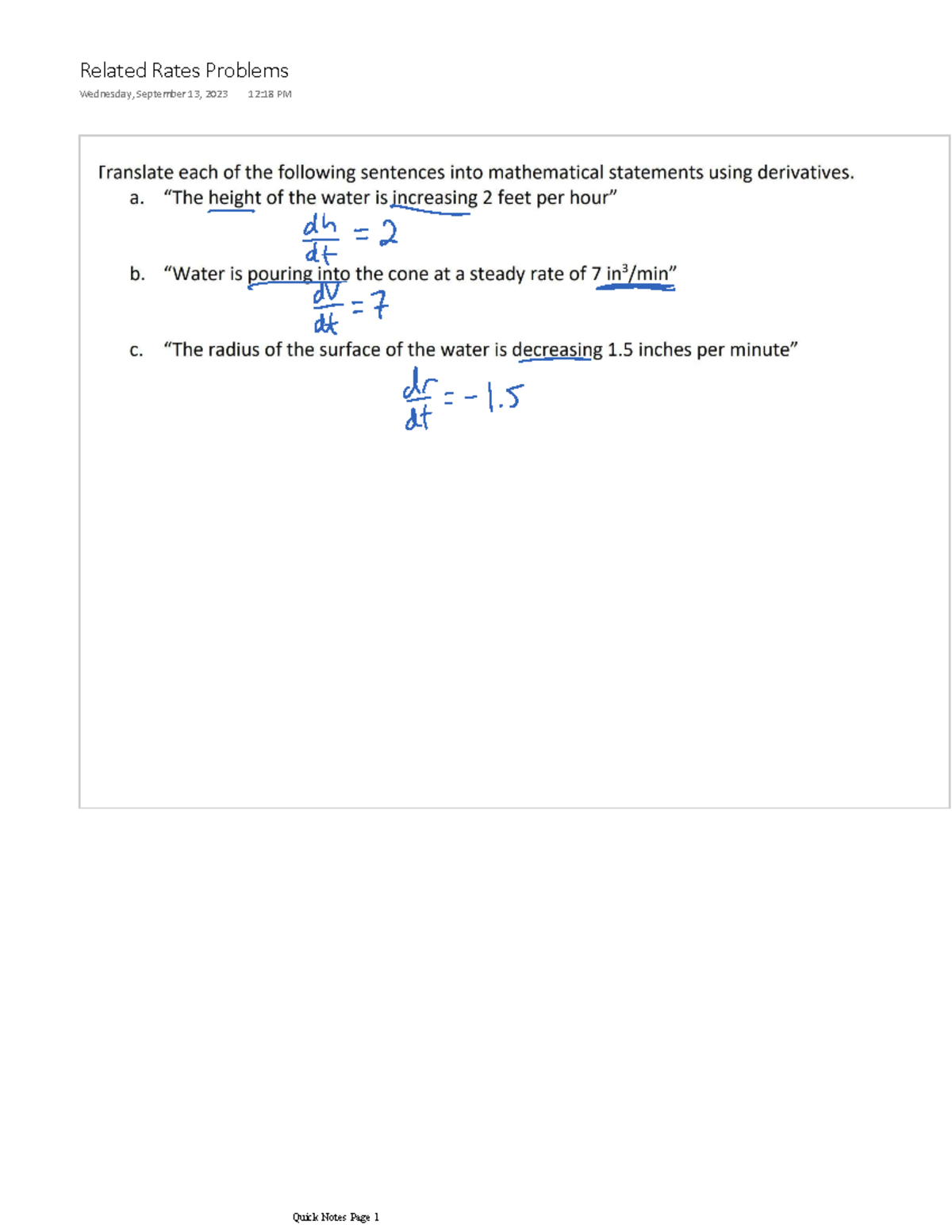 Related Rates Homework KEY - MTH 263 - Related Rates Problems Wednesday ...