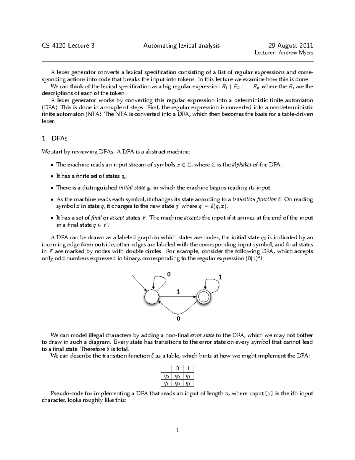 Lecture Notes Lecture 3 Cs 4120 Lecture 3 Automating Lexical