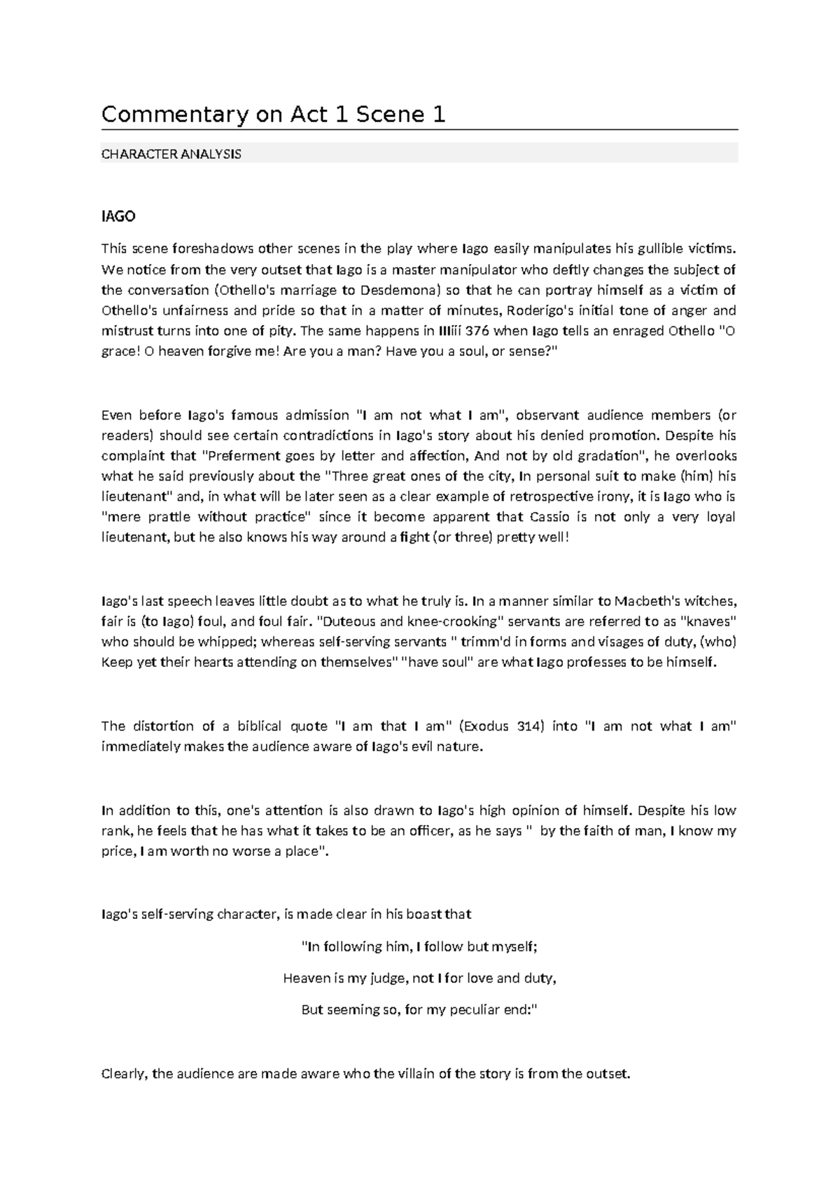 Blog Act1 - Othello Notes - Commentary on Act 1 Scene 1 CHARACTER ...