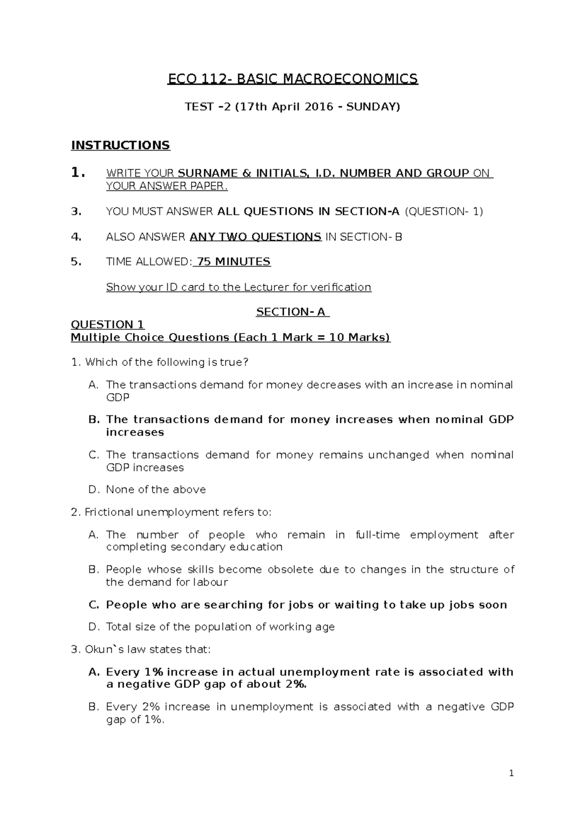 ECO 112- 2016 Test 2 solutions - ECO 112- BASIC MACROECONOMICS TEST –2 ...