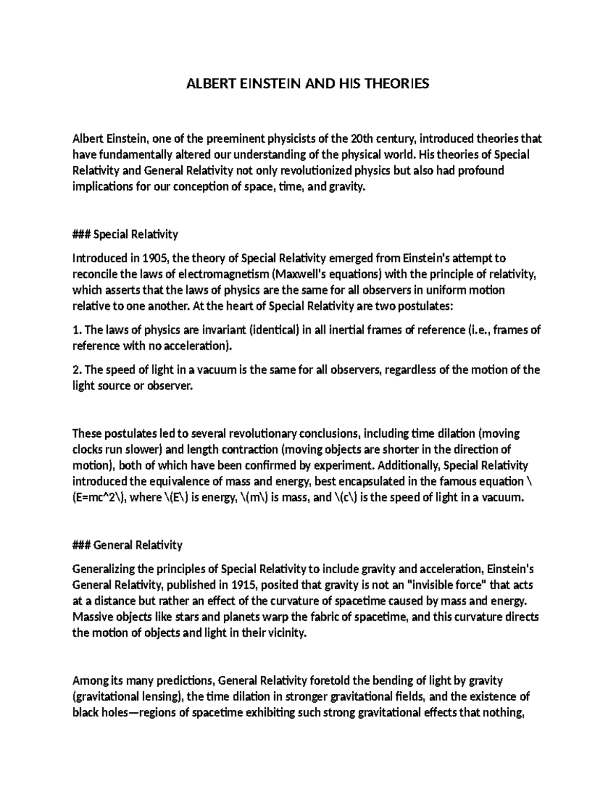 Albert Einstein AND HIS Theories - ALBERT EINSTEIN AND HIS THEORIES ...