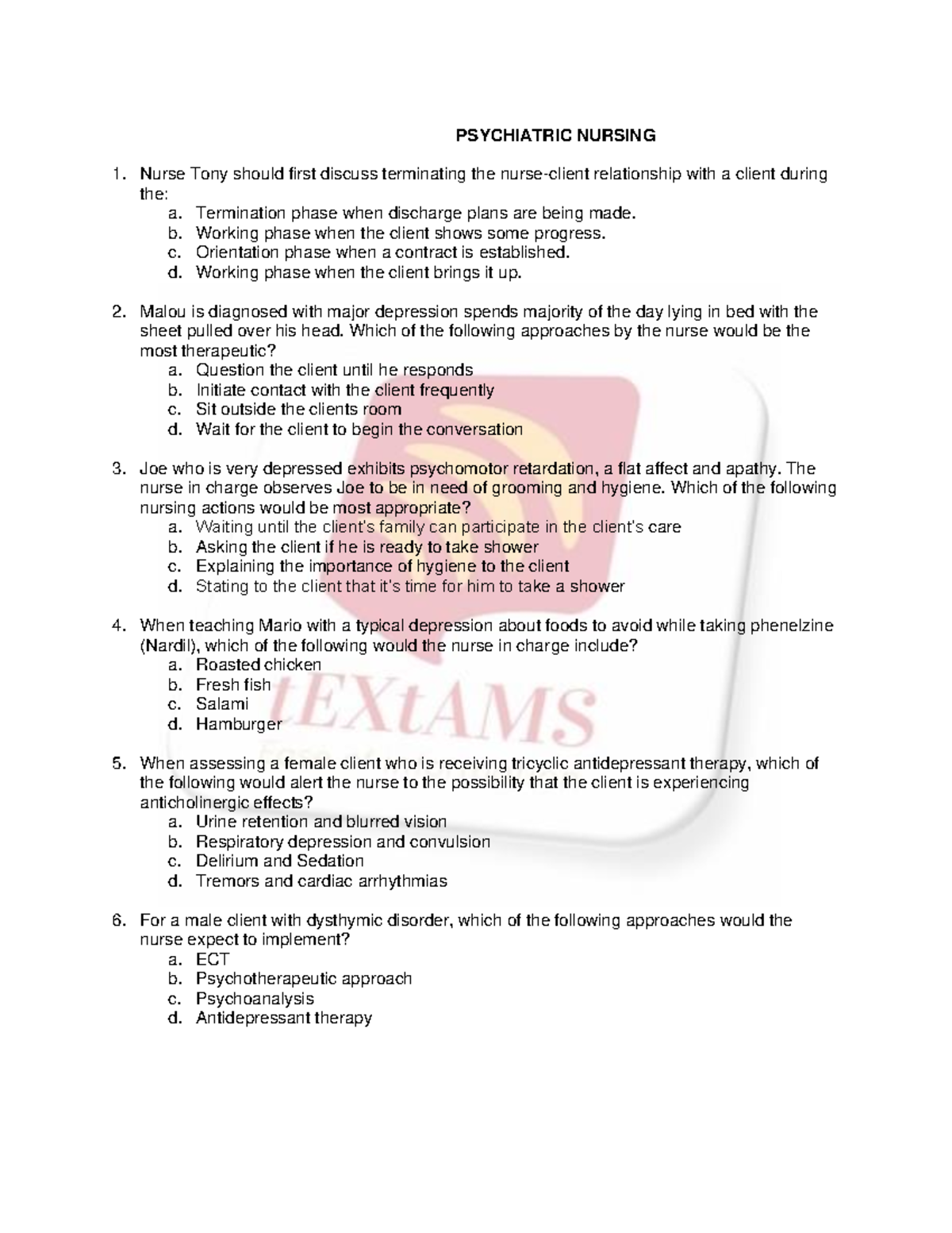 Psychiatric-nursing - Practice Questions - PSYCHIATRIC NURSING Nurse ...