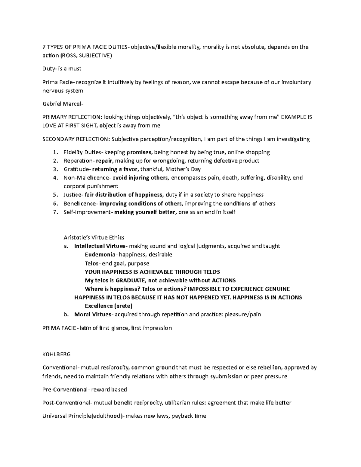 Ethics WAVE 5 - Notes - 7 TYPES OF PRIMA FACIE DUTIES- objective ...