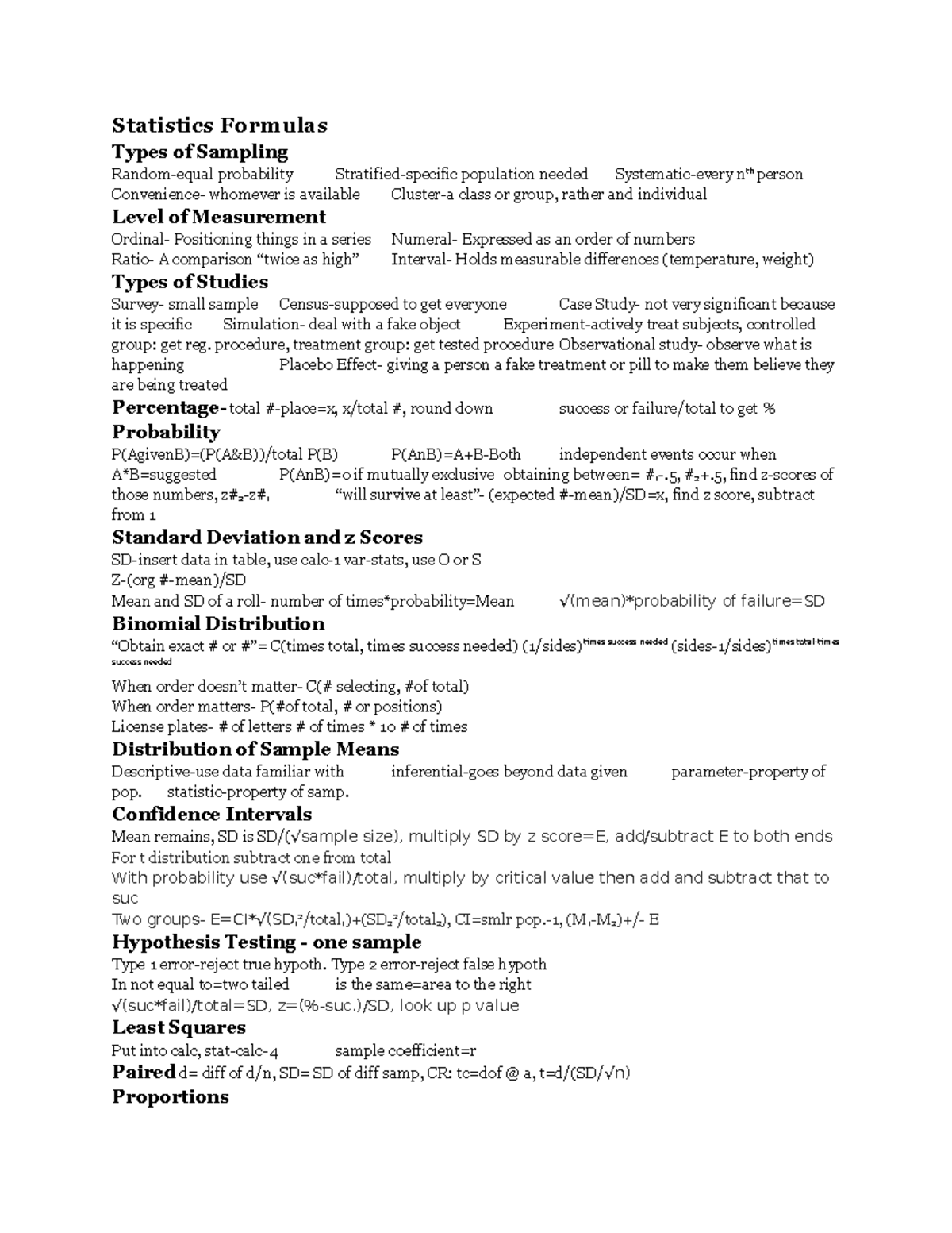 Math Final - Statistics Formulas Types of Sampling Random-equal ...
