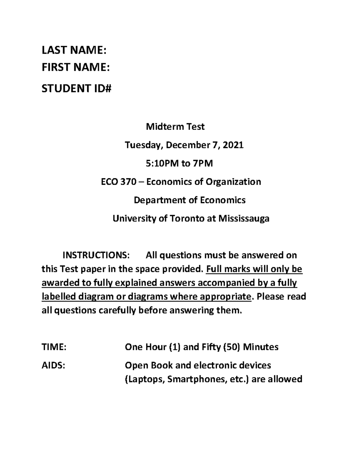 Test 1 - Solution Outline - LAST NAME: FIRST NAME: STUDENT ID# Midterm ...