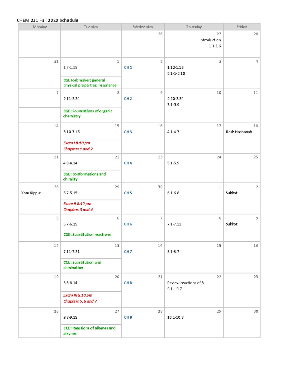 CHEM 231 Fall 2020 Organic Chemistry Schedule and Exam Dates - CHEM 231 ...