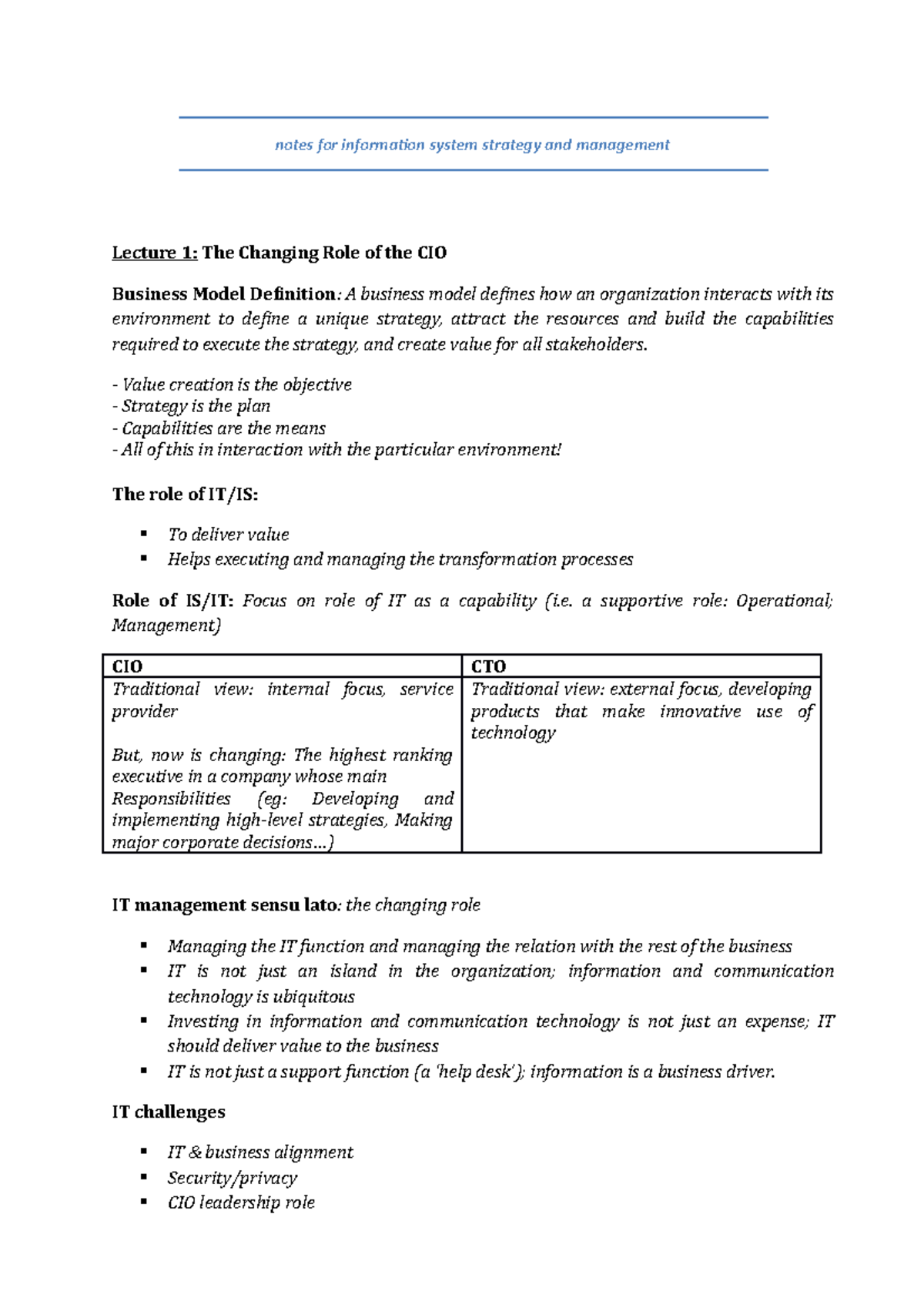 ISSM information system strategy and management Notes - notes for ...