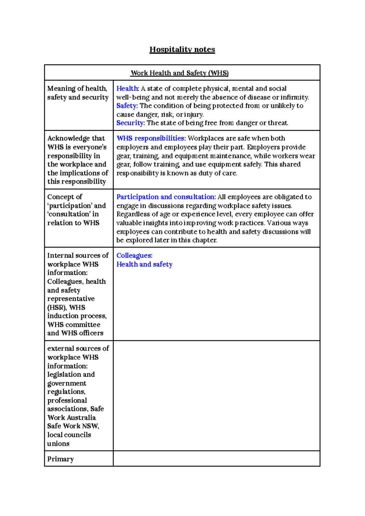 Hospitality notes - Google Docs - Hospitality notes Work Health and ...