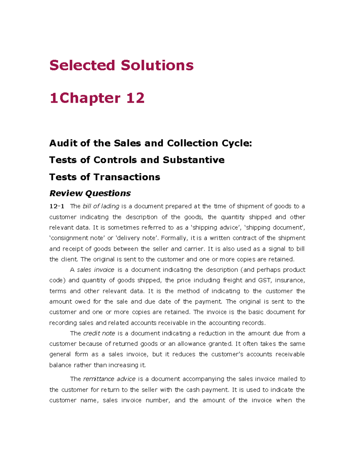 Ch12 Tutorial Solutions Arens - Selected Solutions 1Chapter 12 Audit of the Sales and Collection ...