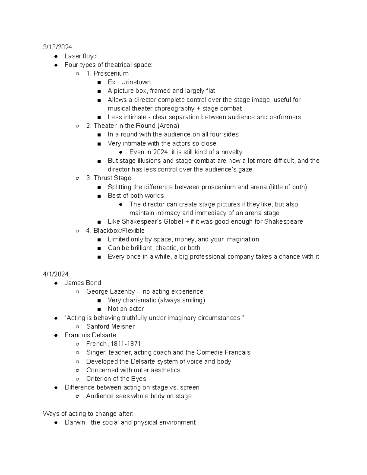 THEA 100 Part 2 Notes - 3/13/2024: Laser floyd Four types of theatrical ...