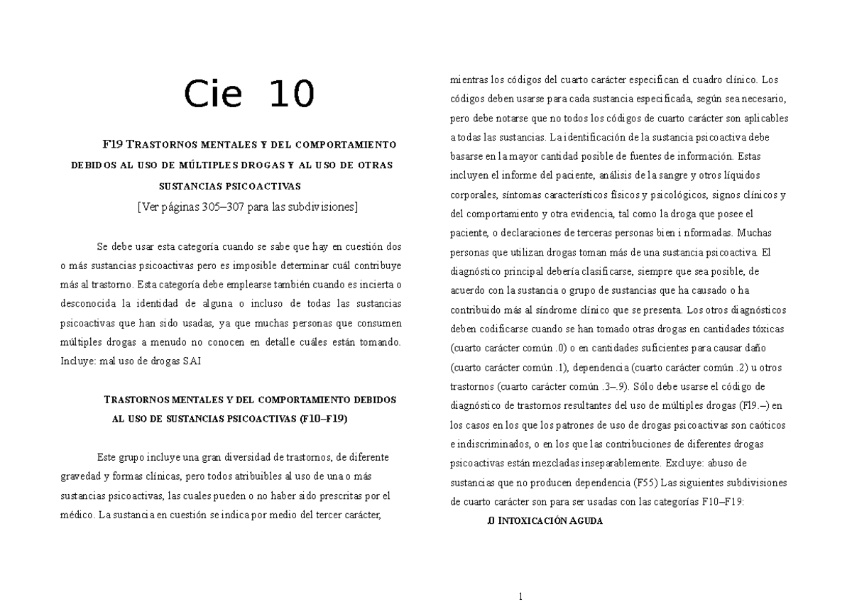 Imprimir Psicopato - Cie 10 F19 TRASTORNOS MENTALES Y DEL COMPORTAMIENTO DEBIDOS AL USO DE ...
