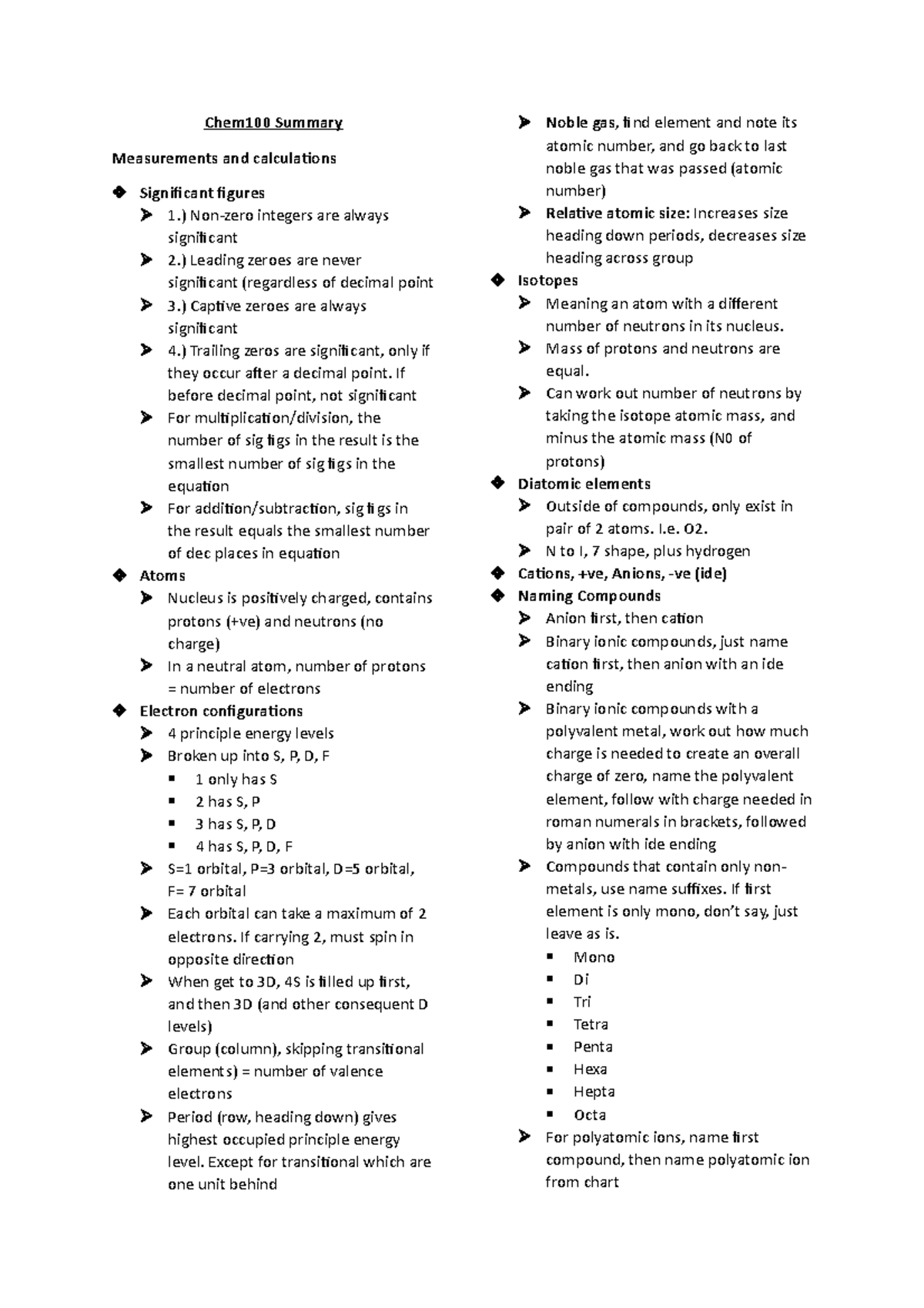 Chem100 Summary - Chem100 Summary Measurements and calculations ...