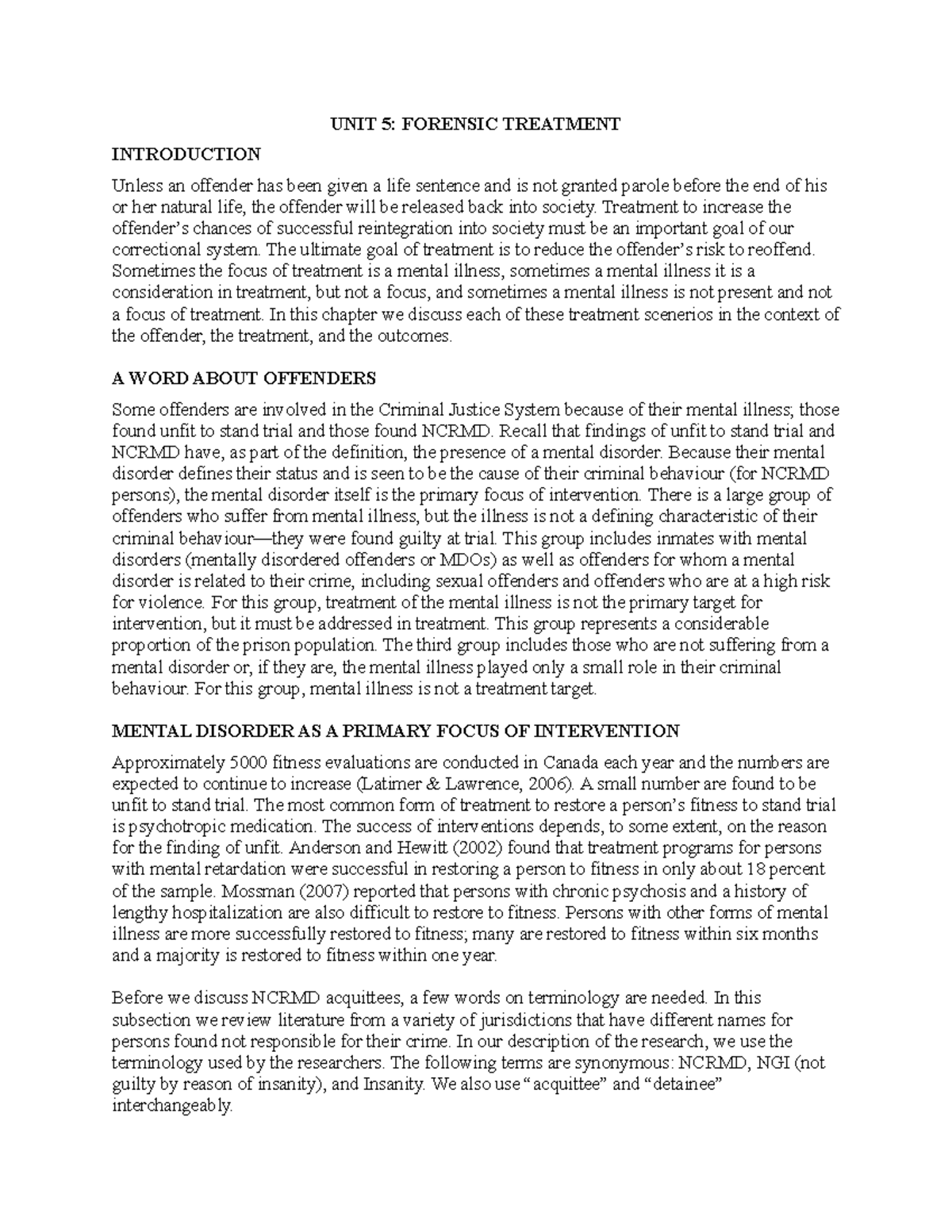 Unit 5, Forensic Treatment - UNIT 5: FORENSIC TREATMENT INTRODUCTION ...