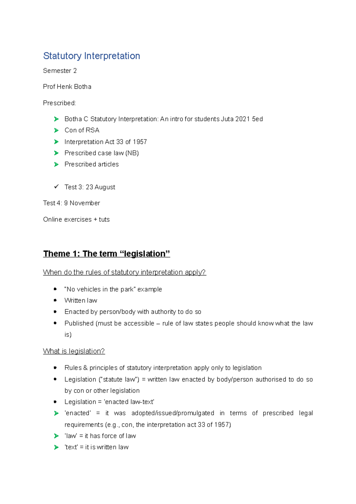 Stat Interp S2 - lecture notes - Statutory Interpretation Semester 2 ...