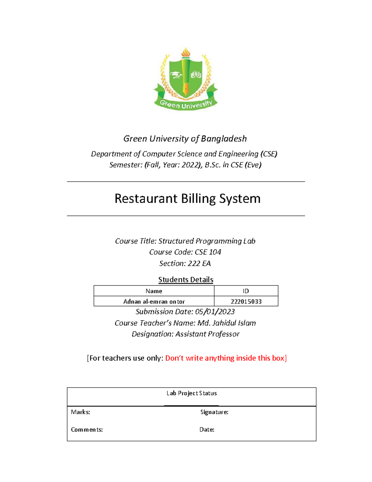 Restaurant Billing System - Green University of Bangladesh Department ...