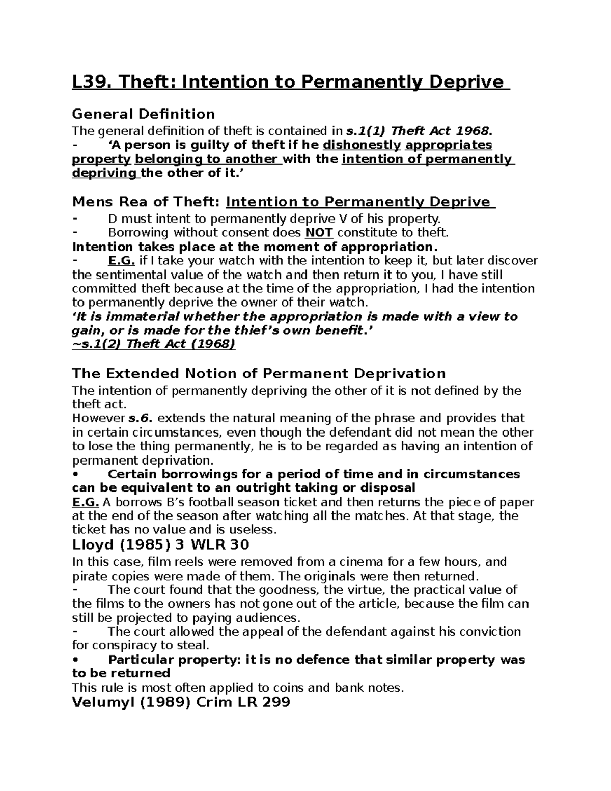 L39. Theft- Intention to Permanently Deprive - L39. Theft: Intention to ...