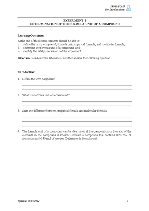 Prelab CHEM 3 SK015 - EXPERIMENT 3 DETERMINATION OF THE MOLAR MASS OF A ...