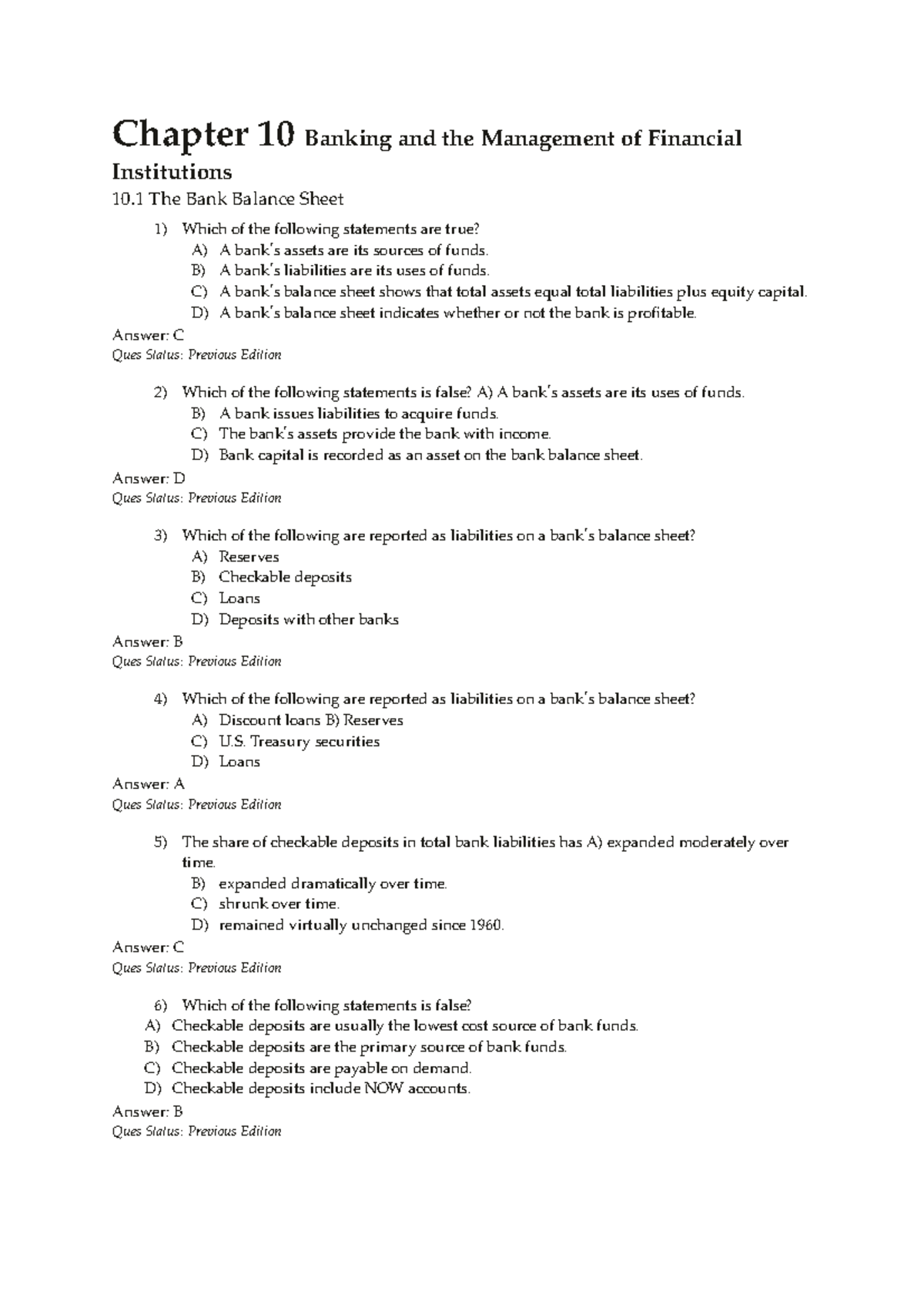 Chapter 10 Banking and the Managment of Financial Institutions - B) A ...