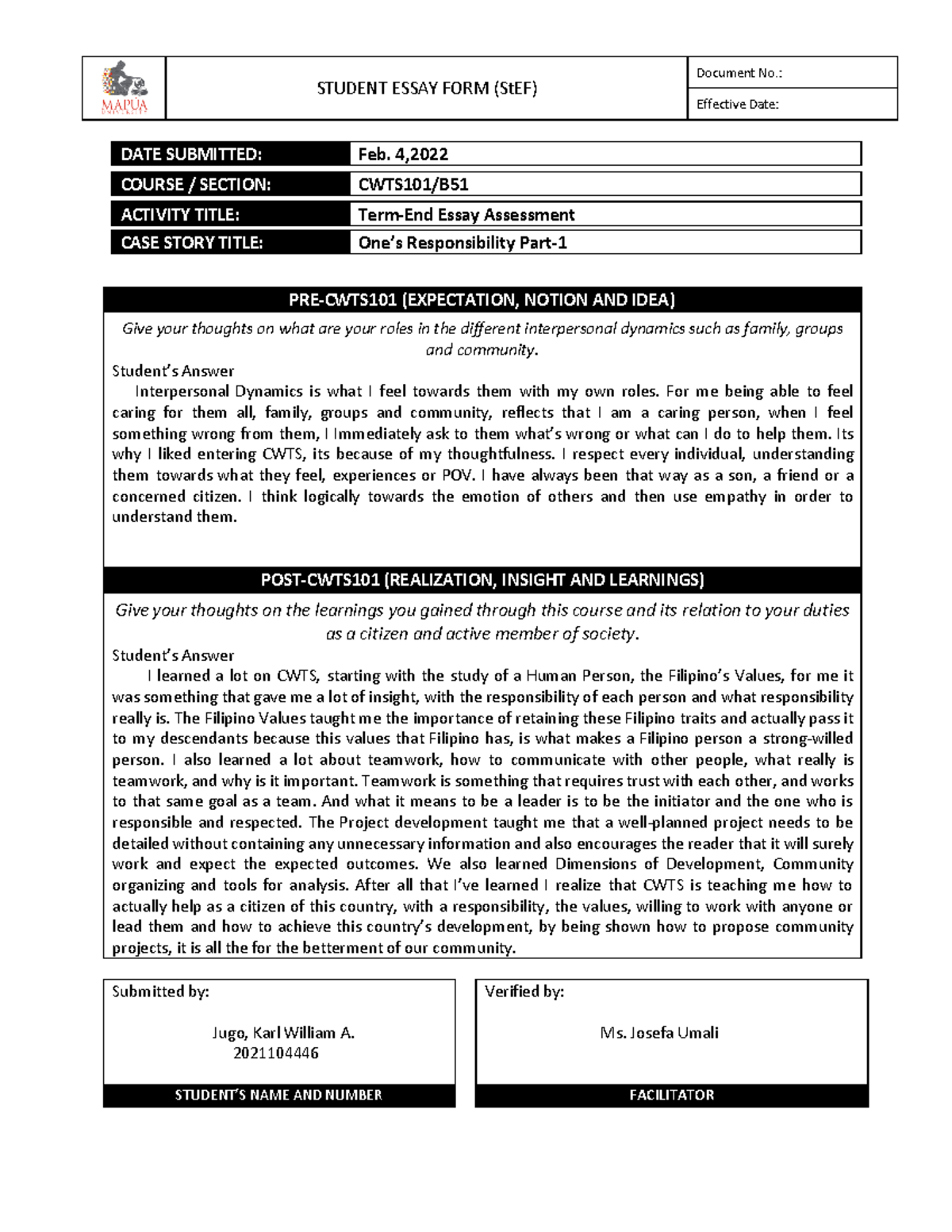 JUGO K-CWTS101-B51-TEEDpt - STUDENT ESSAY FORM (StEF) Document No ...