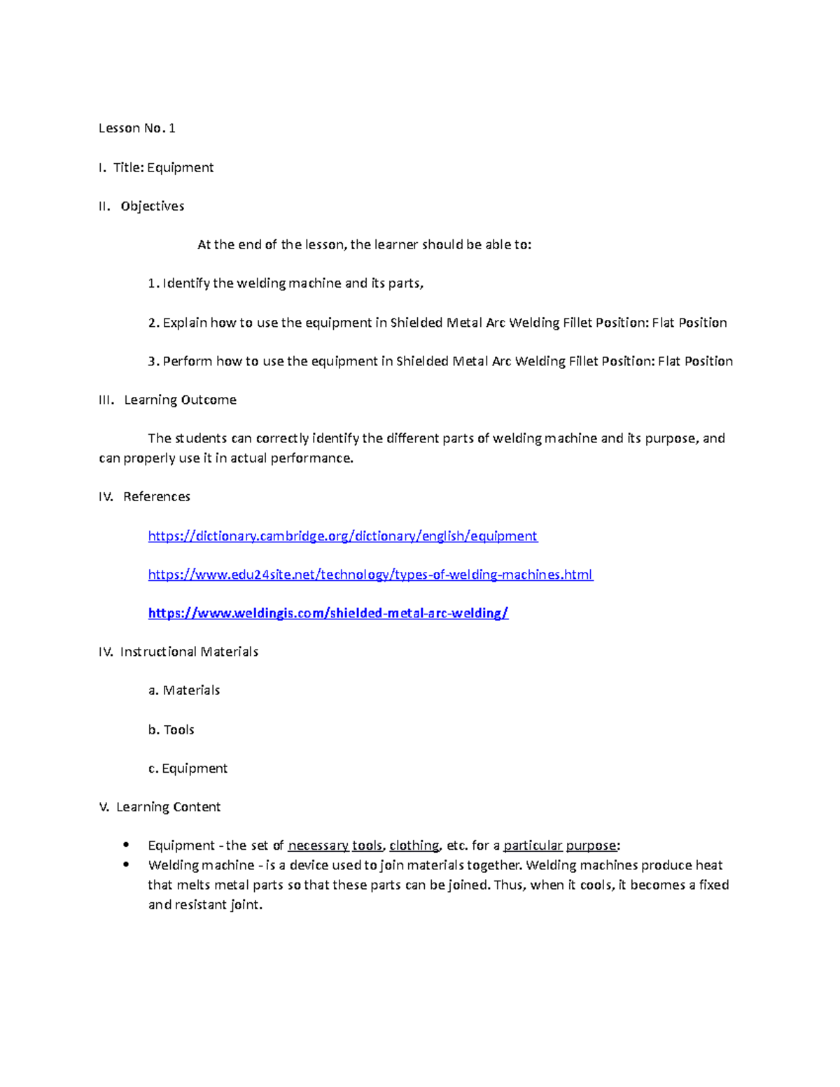 Lessonequipment - lala - Lesson No. 1 I. Title: Equipment II ...
