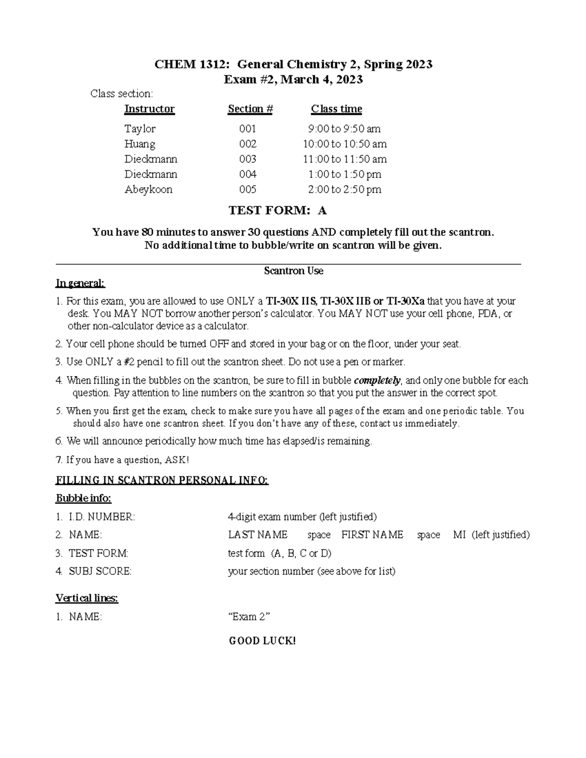 Exam2 1312 S23 v A KEY - abc - CHEM 1312: General Chemistry 2, Spring 2023 Exam #2, March 4 ...