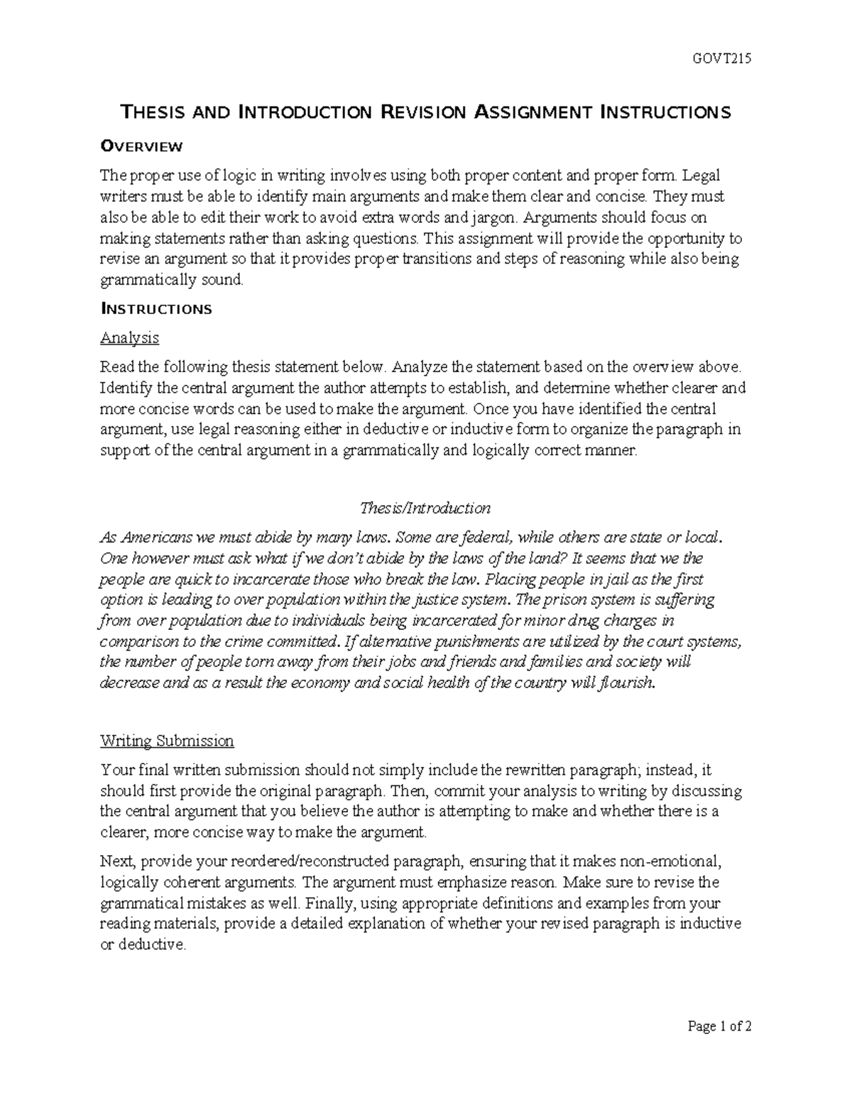 Thesis and Introduction Revision Assignment Instructions - GOVT THESIS ...