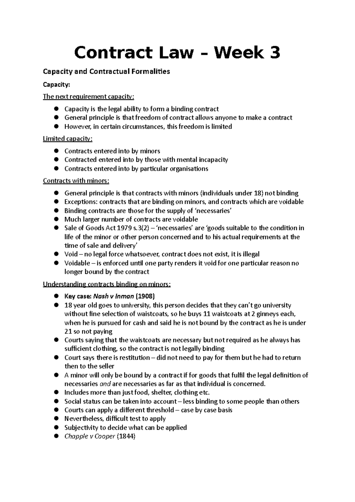 Contract Law week 3 - Contract Law – Week 3 Capacity and Contractual ...