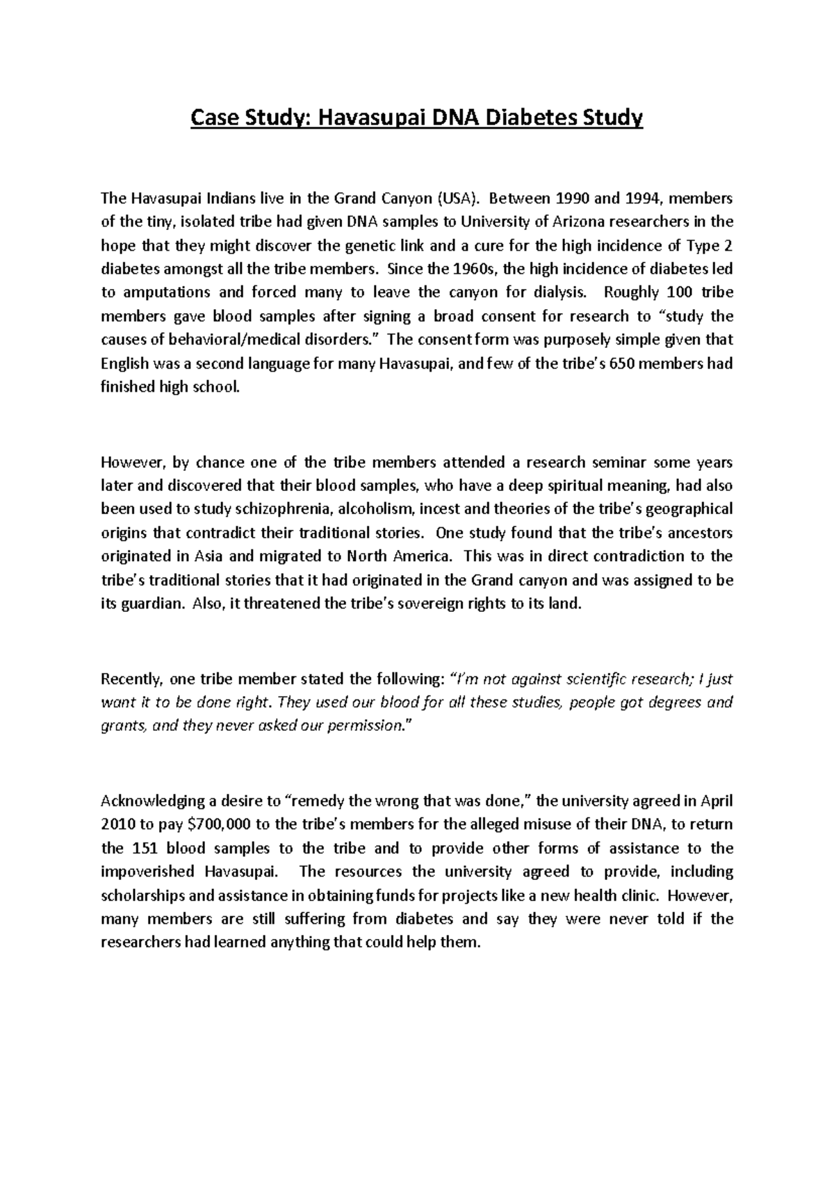 Ethics - Case Study 1 - Havasupai - Case Study: Havasupai DNA Diabetes ...