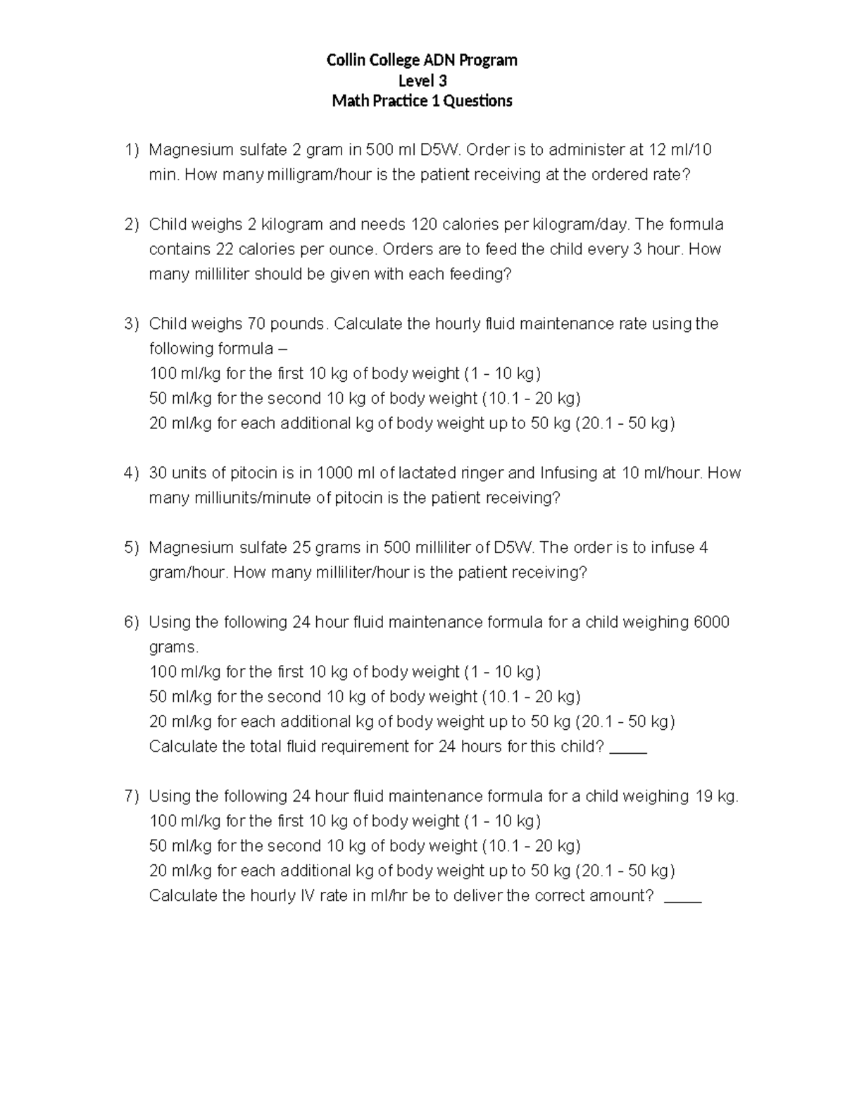 Math Practice Questions Set 1 - Level 3 - Collin College ADN Program ...
