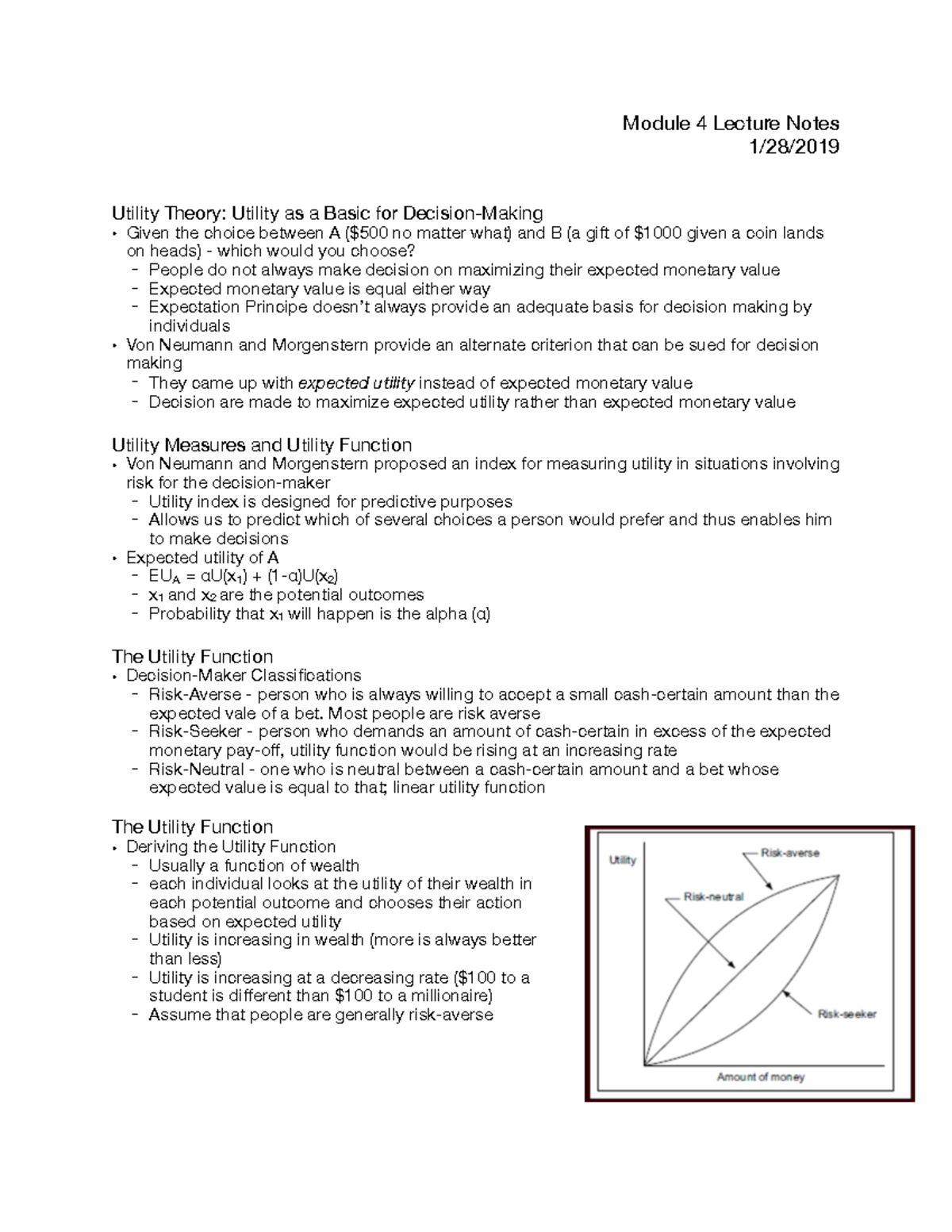 M4 Lecture Notes - Module 4 Lecture Notes 1/28/ Utility Theory: Utility ...