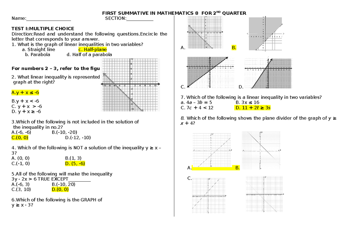First Summative in Mathematics 8 for 2nd Quarter - FIRST SUMMATIVE IN ...