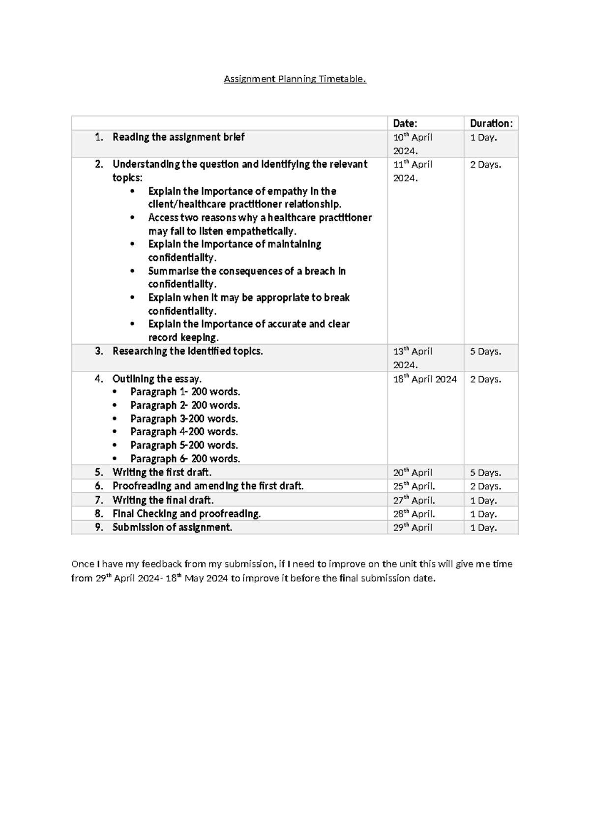 Question 1 - Reading and note making - Assignment Planning Timetable ...