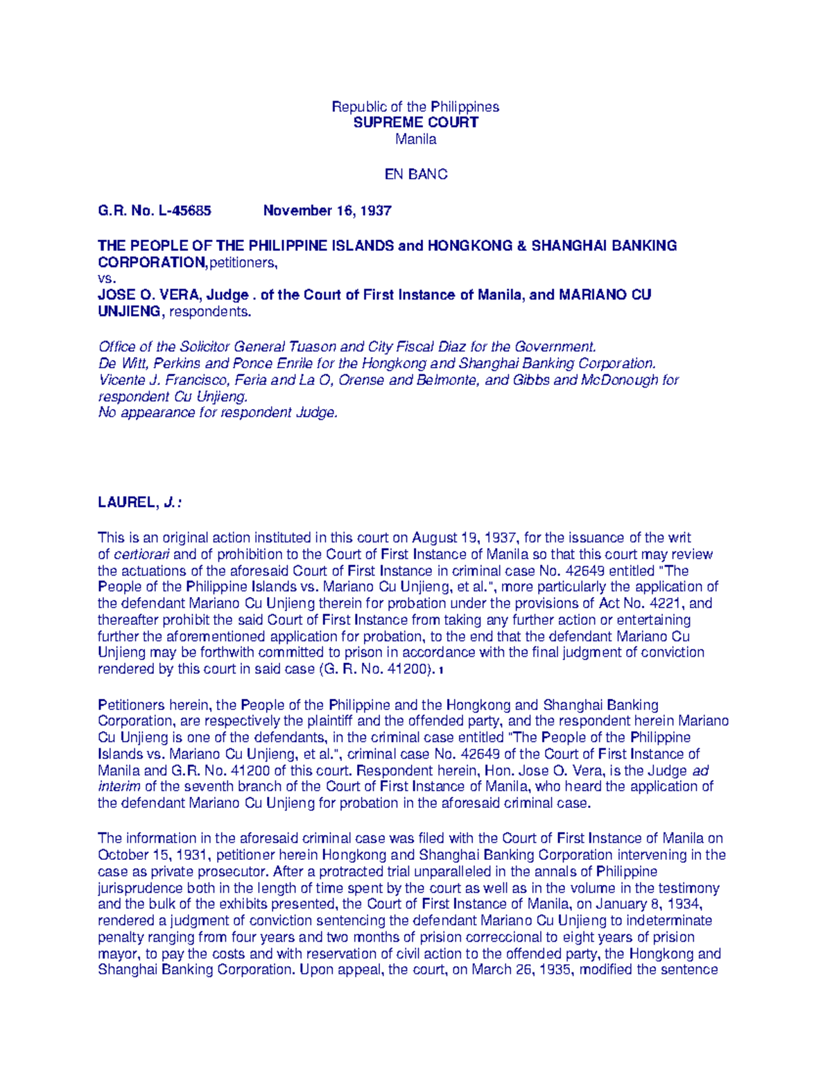 People vs. Vera [G.R. No. 45685, November 16, 1937] - Republic of the ...