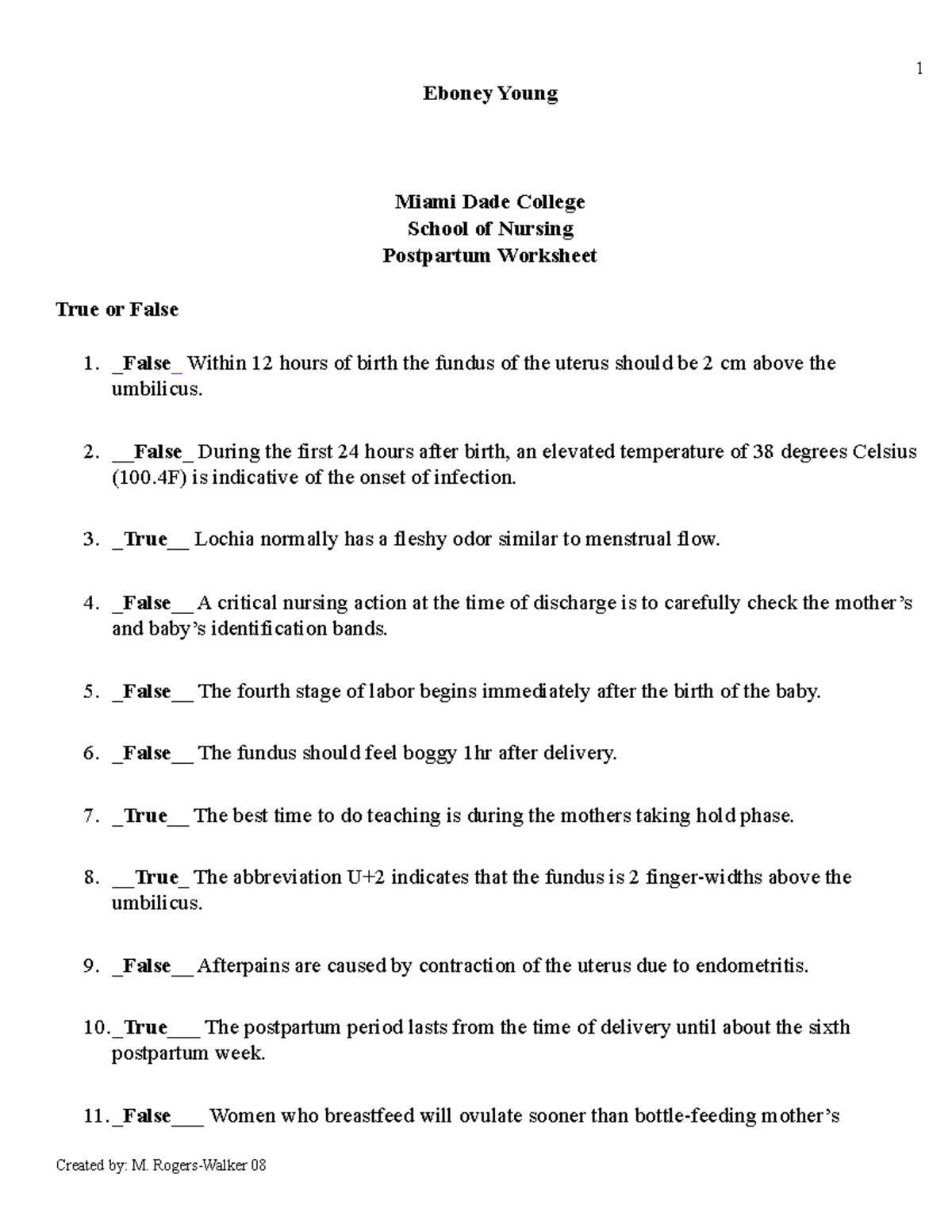 Postpartum Worksheet - Clincial - Eboney Young Miami Dade College ...