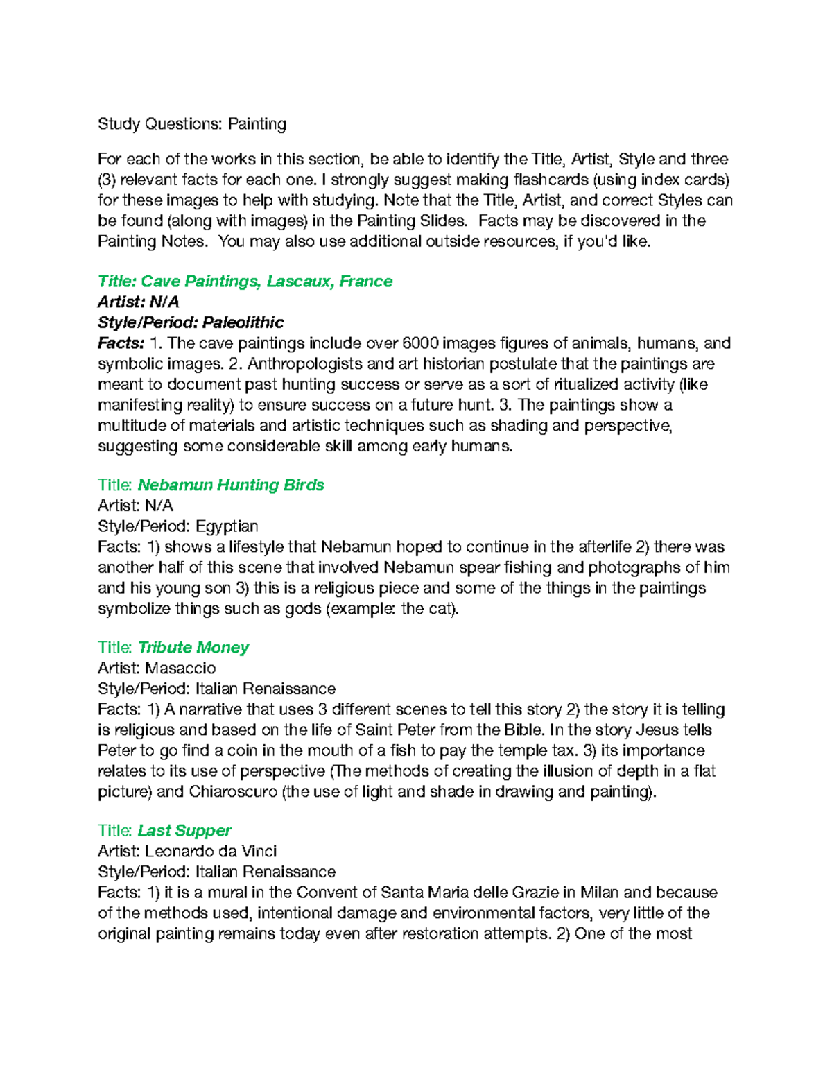 Study Qs for Exam 2 HUM2020 - Study Questions: Painting For each of the ...