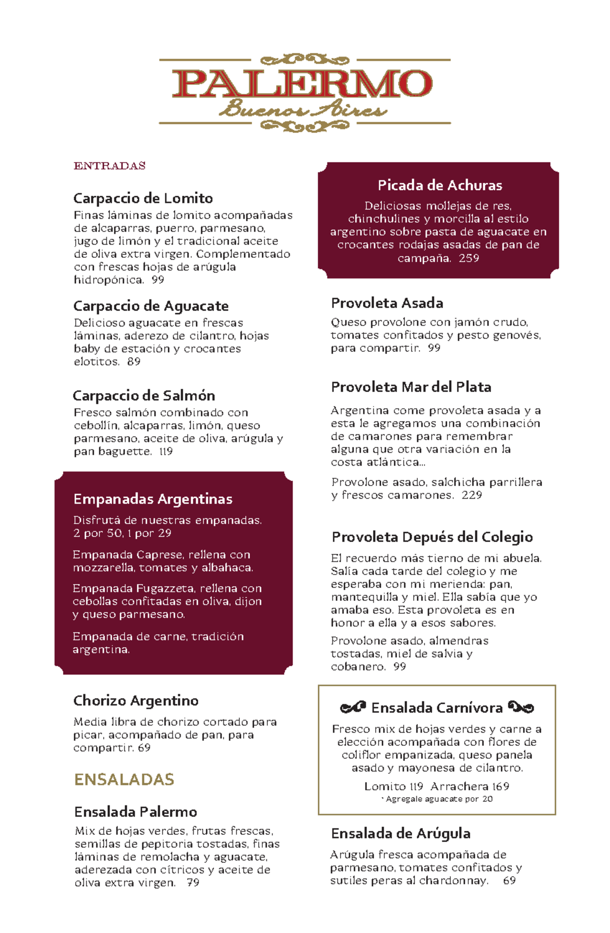 MENU- Palermo-ES - Comida - Ensalada de Arúgula Provoleta Asada Chorizo ...