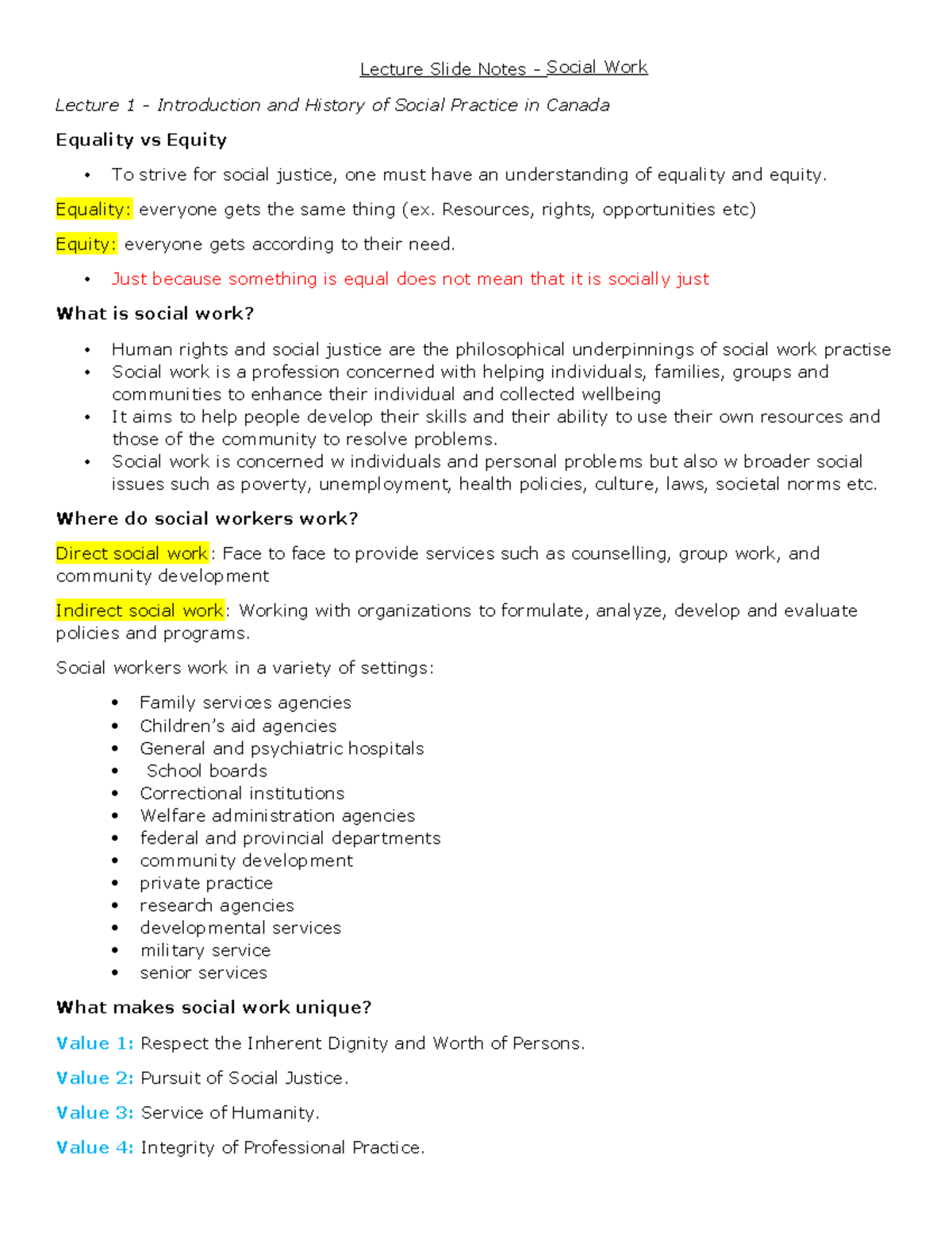 Social Work - 1022A - general class notes - Lecture Slide Notes ...