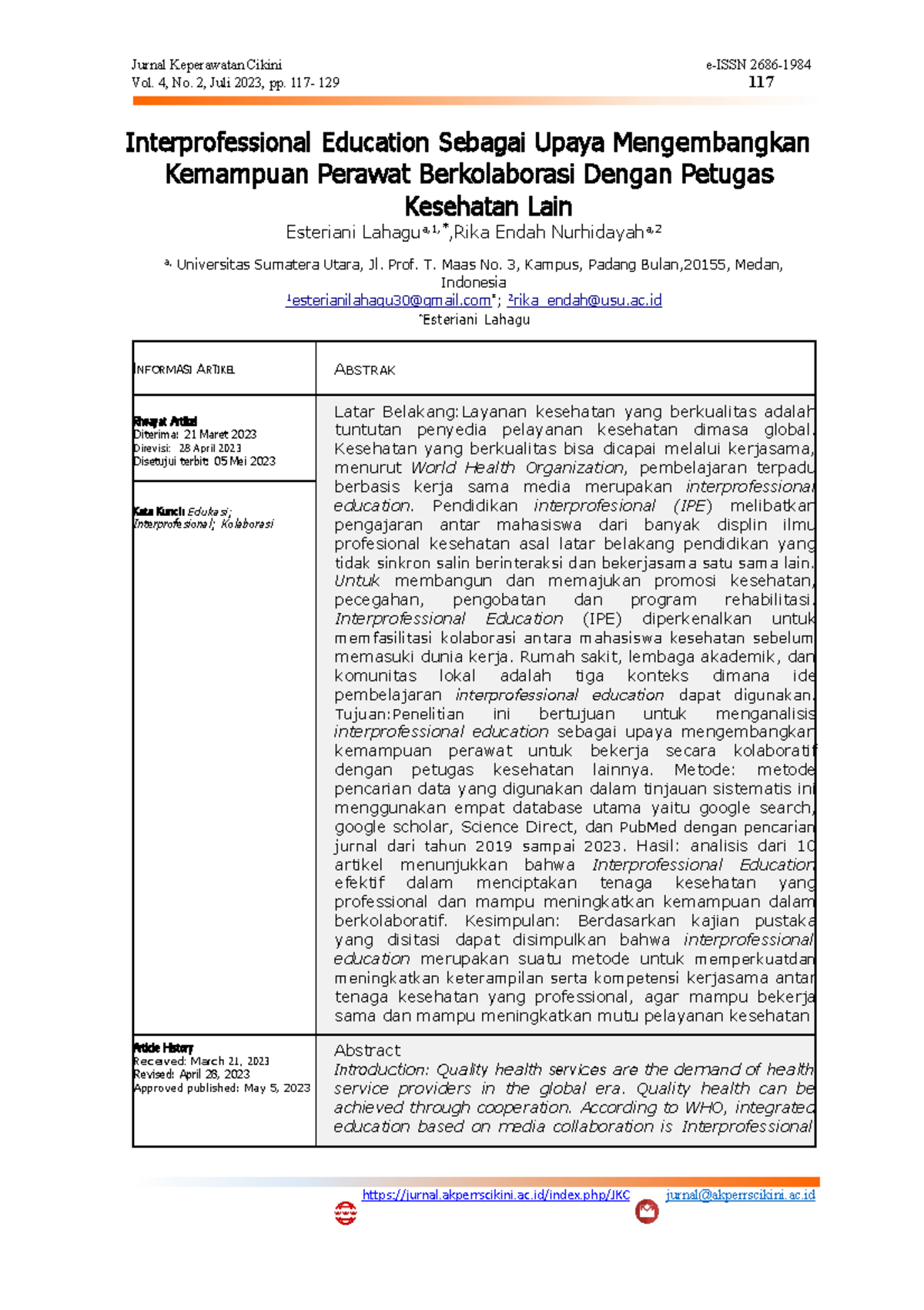 Jurnal IPE - Jurnal Keperawatan Cikini e-ISSN 2686- Vol. 4, No. 2, Juli 2023, pp. 117- 129 117 ...