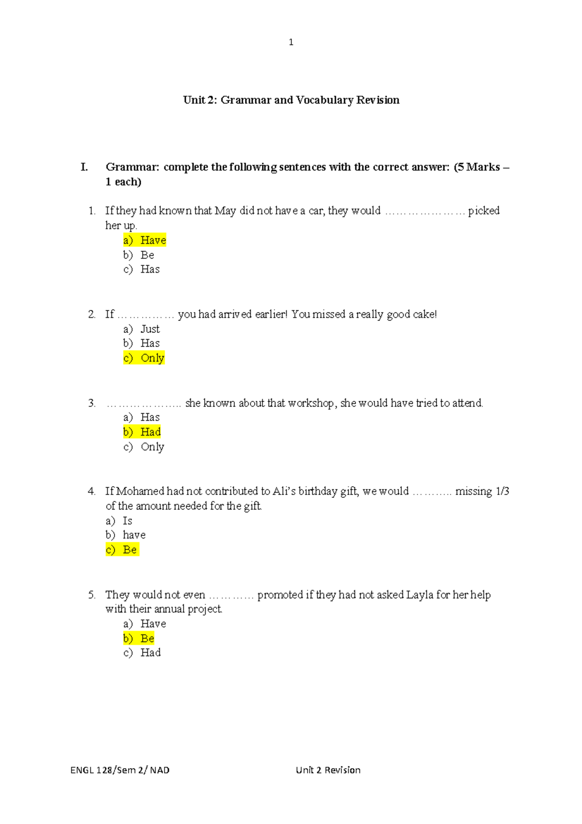 TEST 1 Revision Exercises Answer key - Unit 2: Grammar and Vocabulary ...