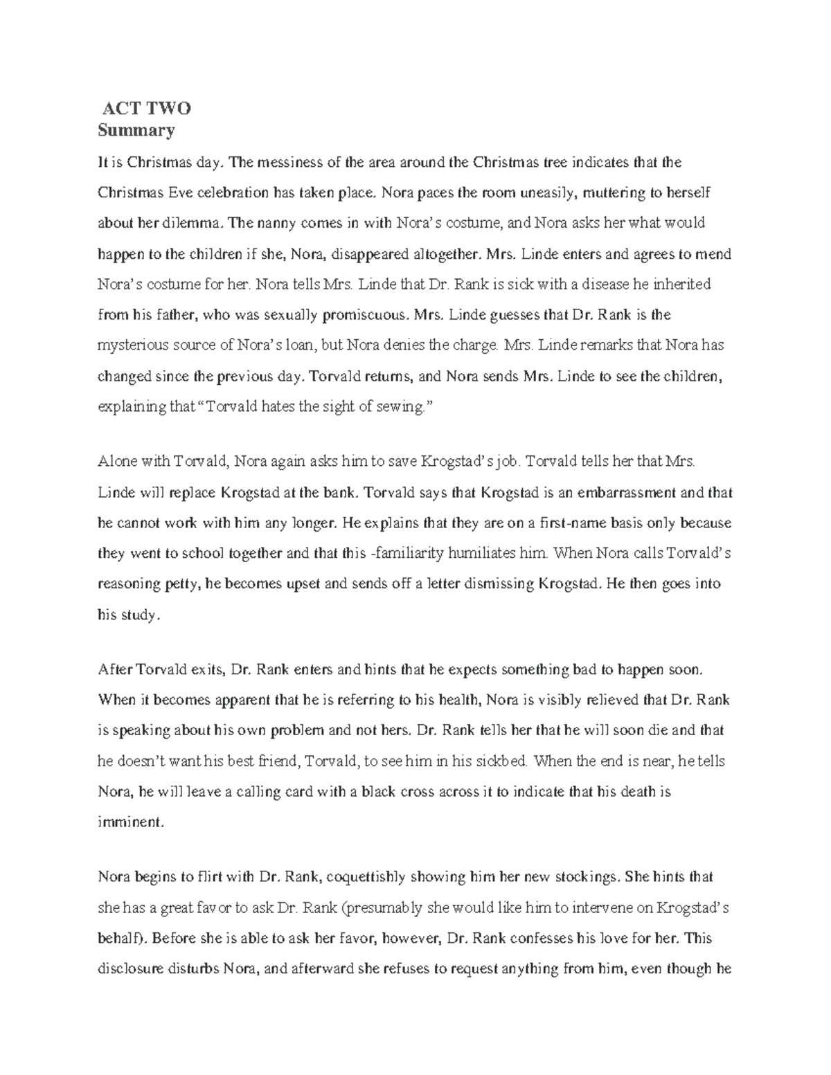 Dolls house summary 2 - lecture notes - ACT TWO Summary It is Christmas ...