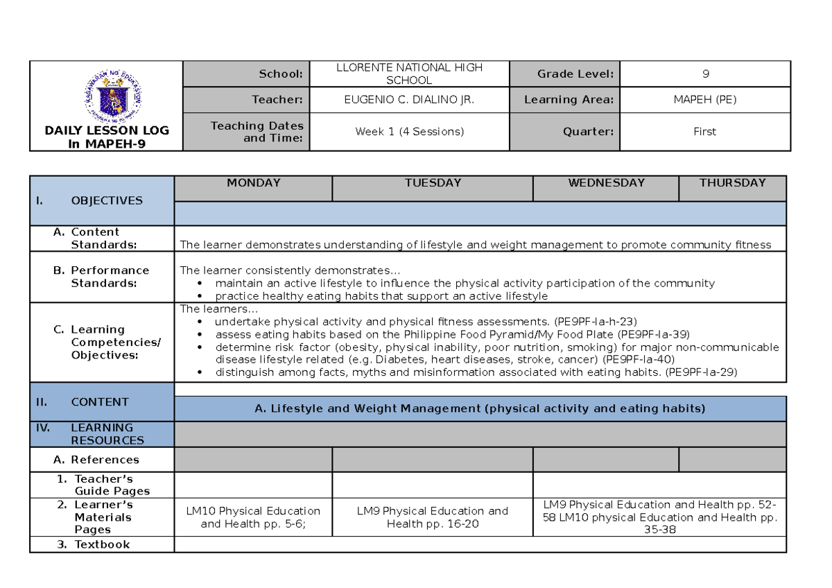 Q1 DLL PE9 WEEK1 - DAILY LESSON LOG In MAPEH- School: LLORENTE NATIONAL ...