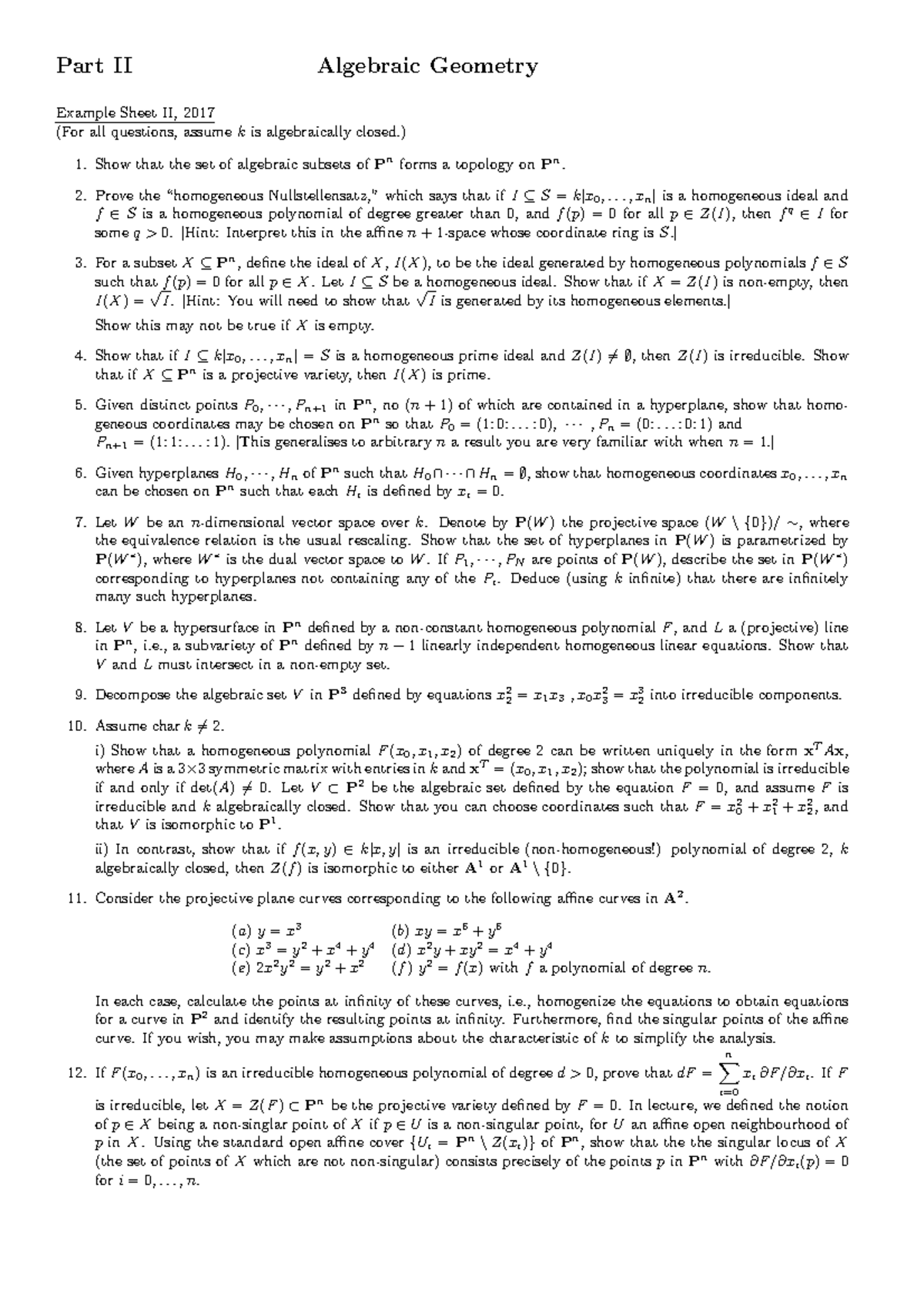 Algebraic Geometry 2016-2017 Example Sheet 2 - Part II Algebraic ...