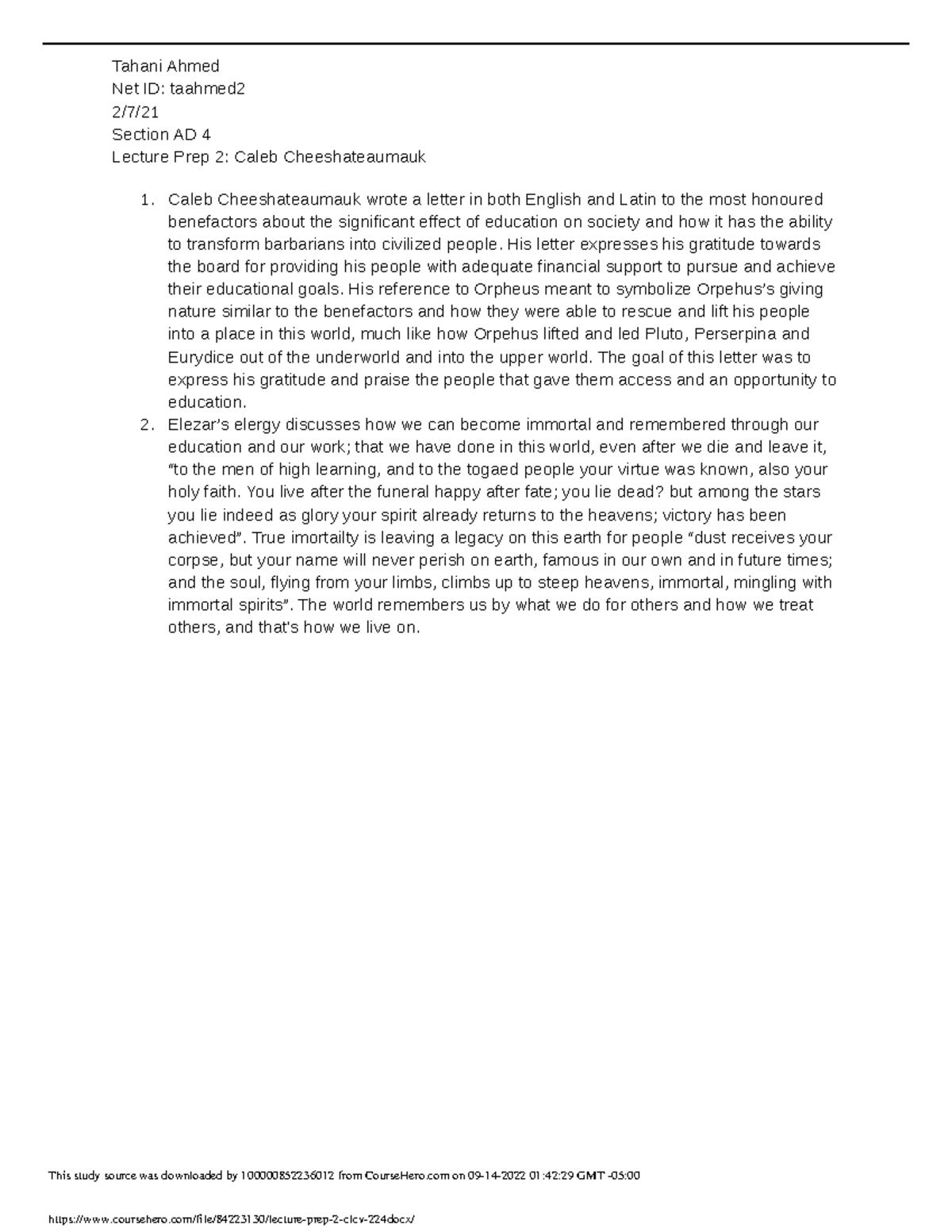 Lecture prep 2 clcv 224 - Tahani Ahmed Net ID: taahmed 2/7/ Section AD ...