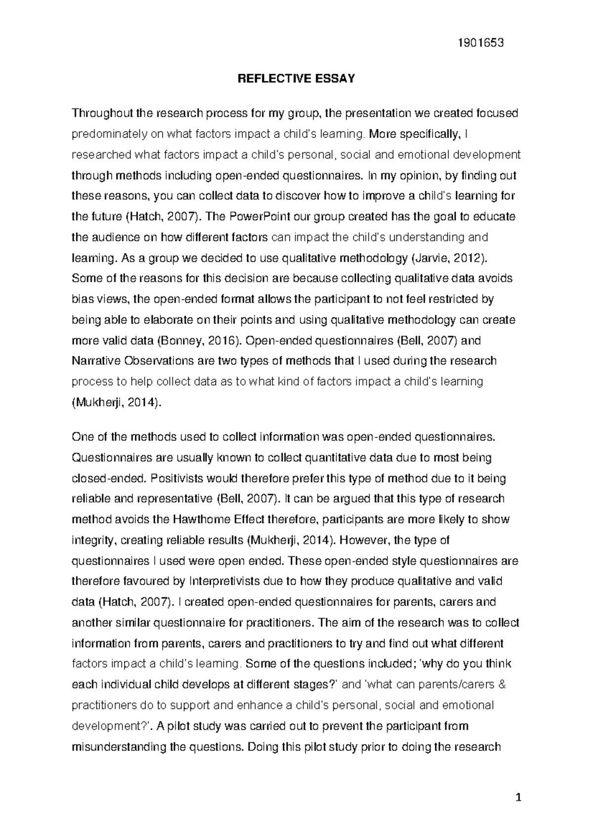 Reflective Essay - Researching Childhood - REFLECTIVE ESSAY Throughout ...