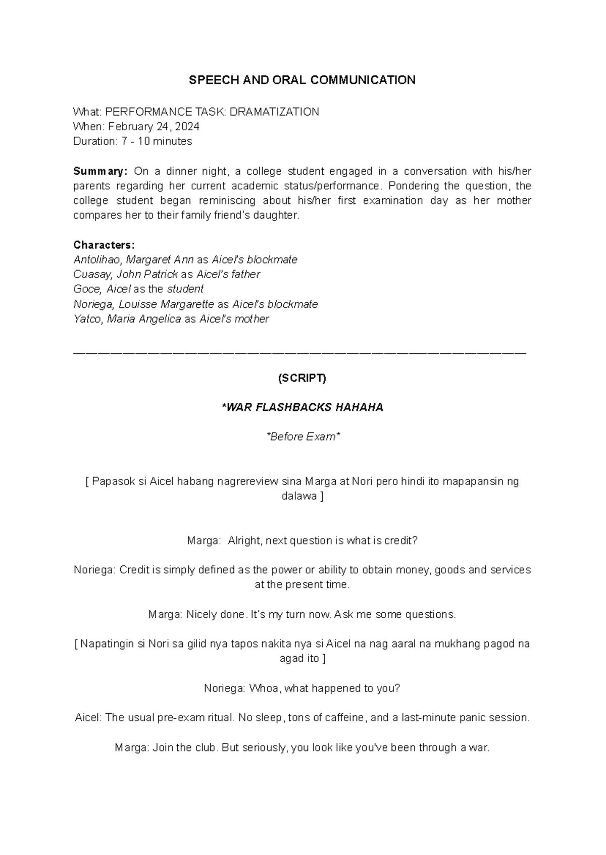 Revised Script - SPEECH AND ORAL COMMUNICATION What: PERFORMANCE TASK ...