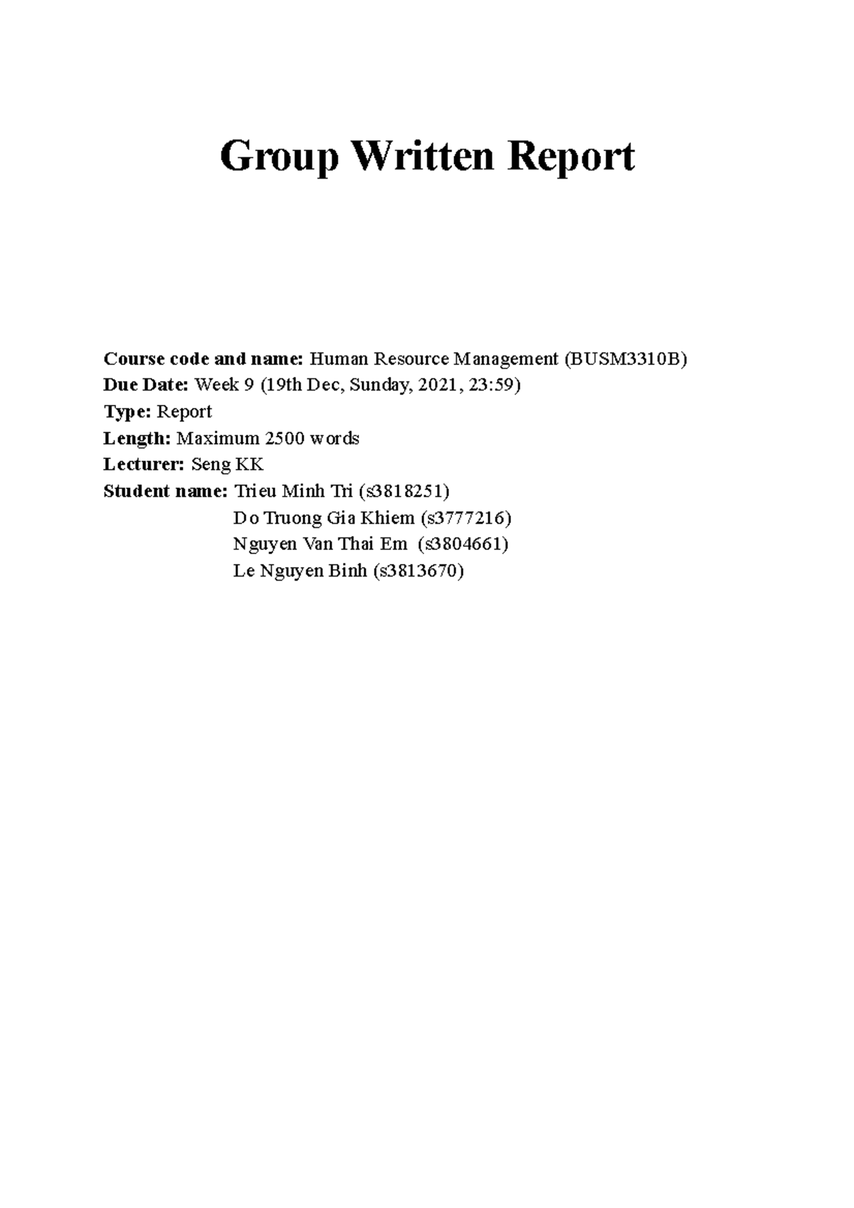 Assessment Task 2 - Group Written Report - HRM - human resource ...