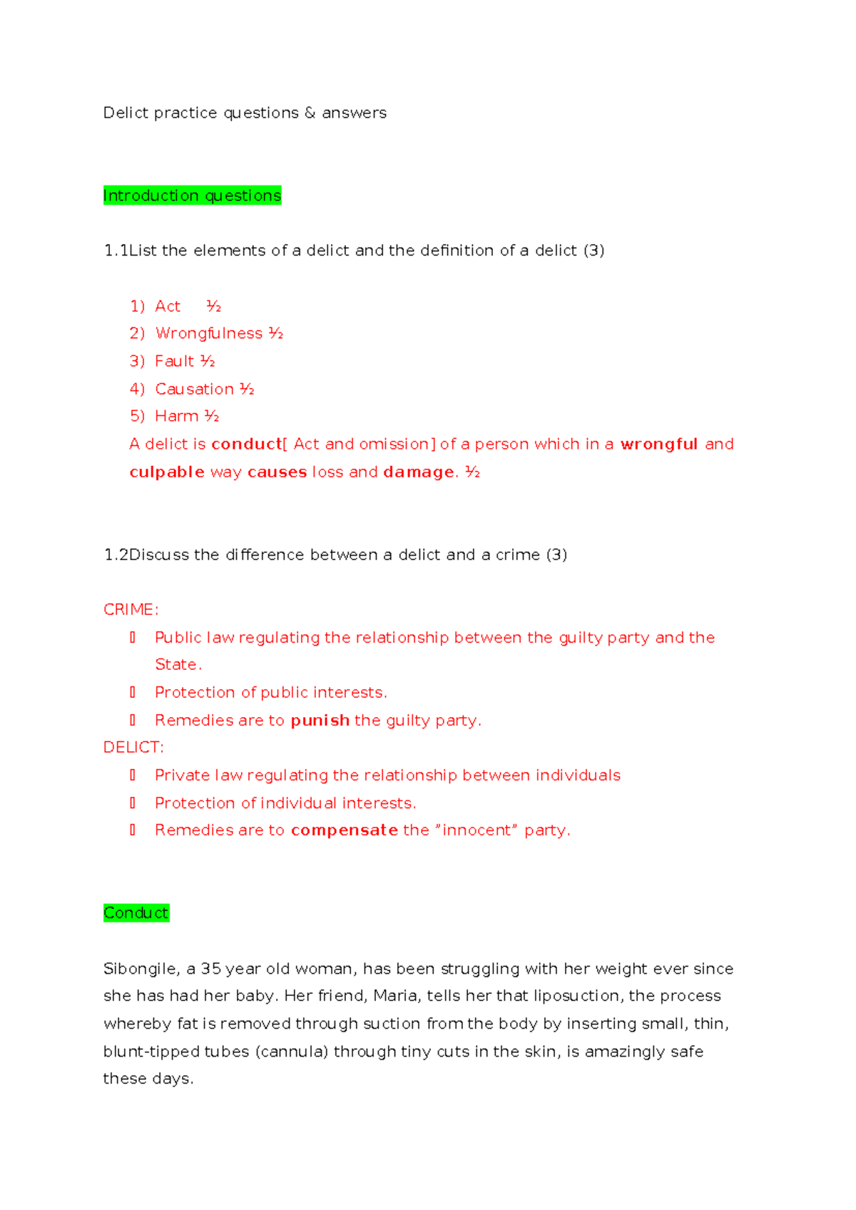 MEMO Delict practice questions & answers - Delict practice questions ...