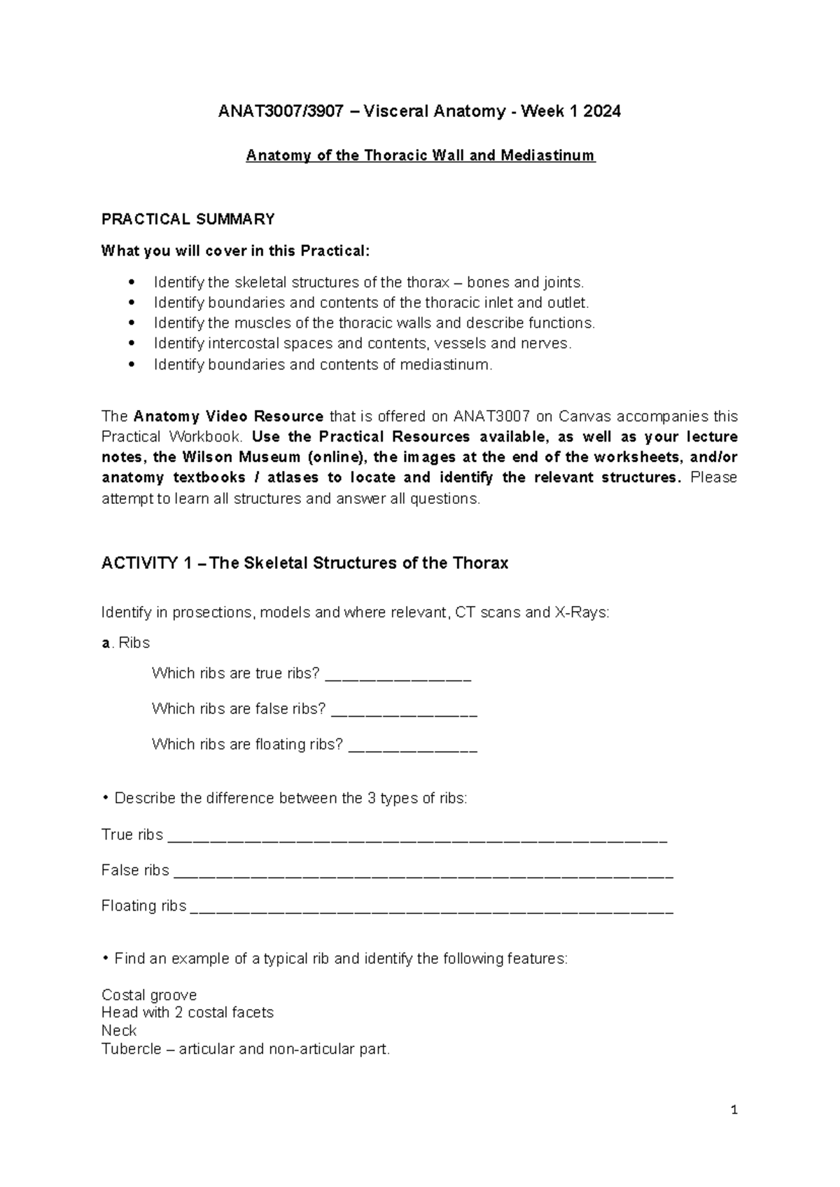 ANAT3007 Week 1 Anatomy Practical Worksheets - Thorax and Mediastinum ...